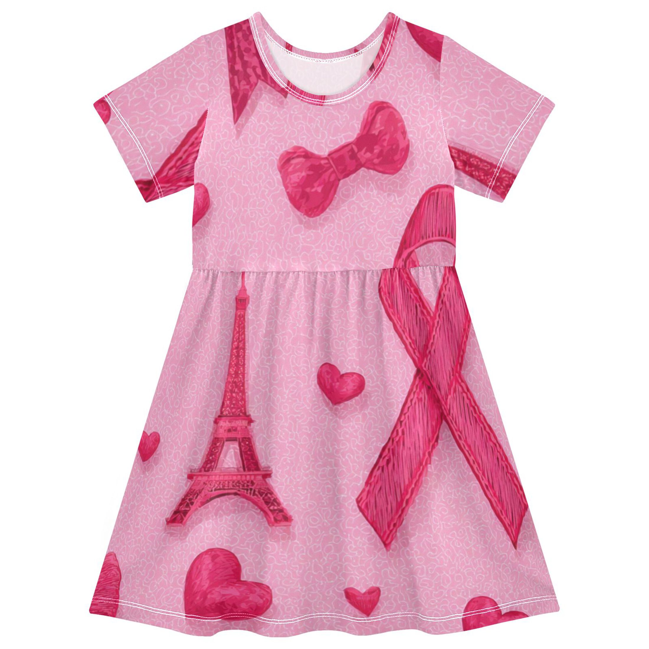 Hot Pink Bows Hearts Effiel Tower Valentine Girls' Short Sleeve Dress A ...