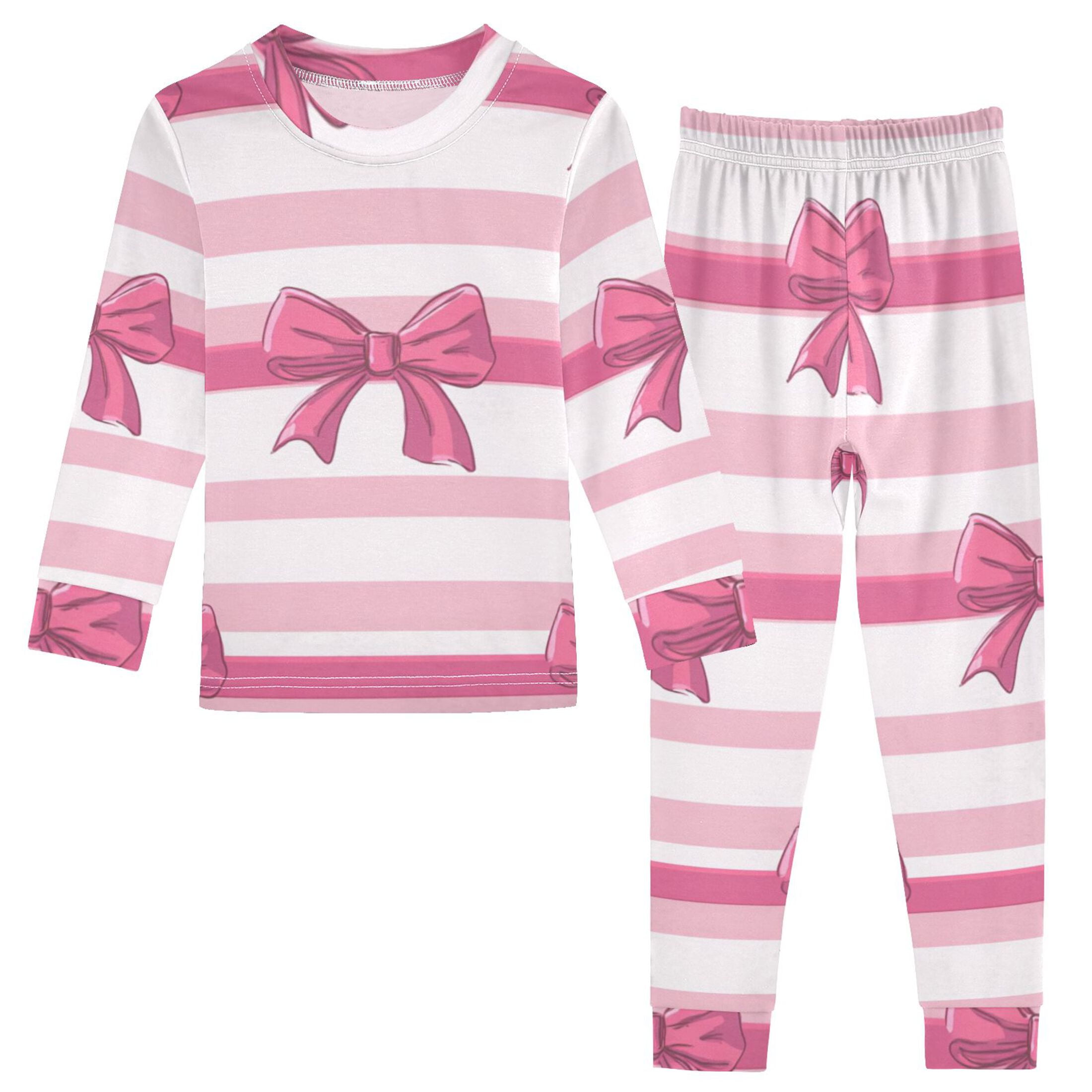 Hot Pink Bows Horizontal Stripes Cotton Pajama Set Long Sleeve Top and ...