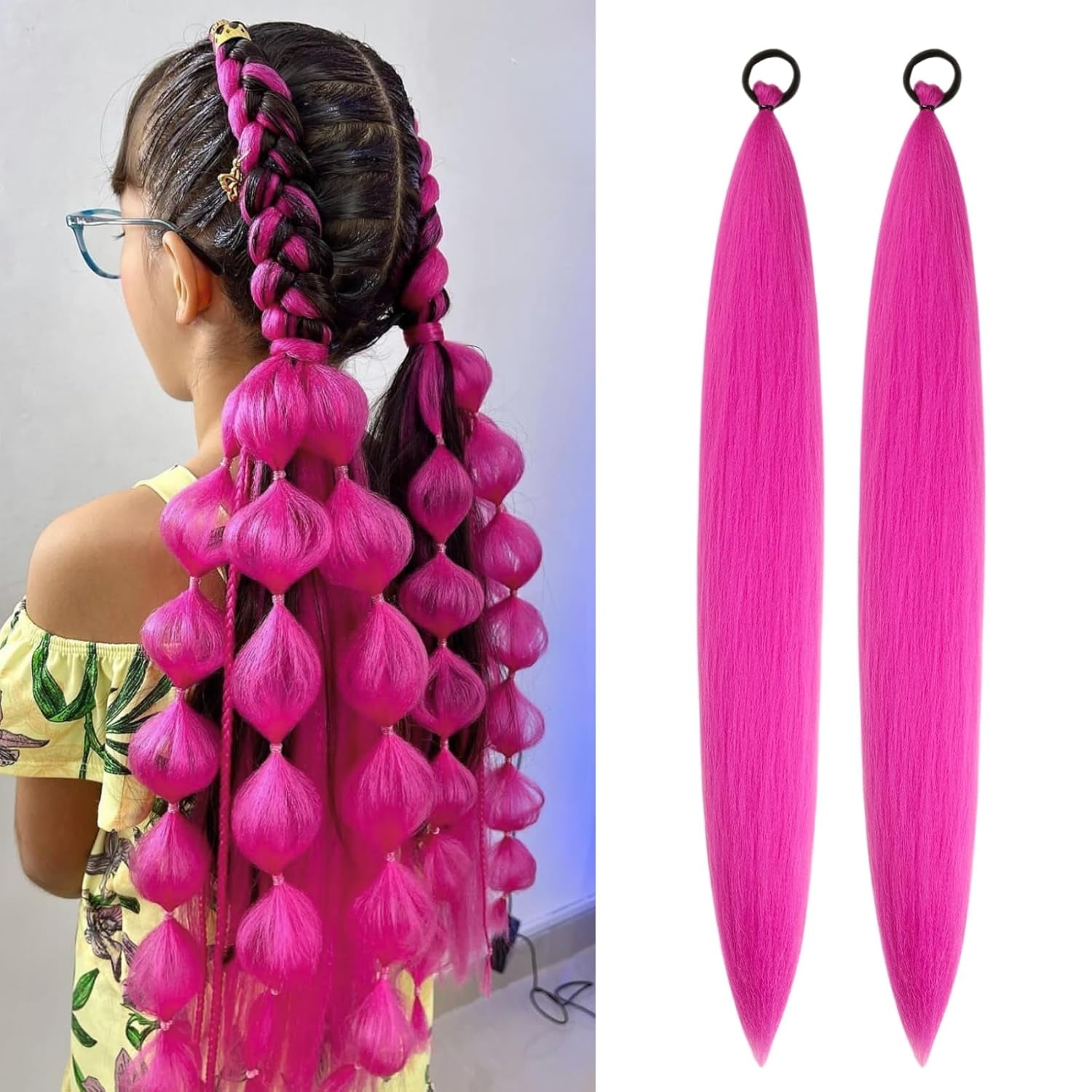 Hot Pink Braid Ponytail Extensions with Elastic Tie Synthetic Colorful ...