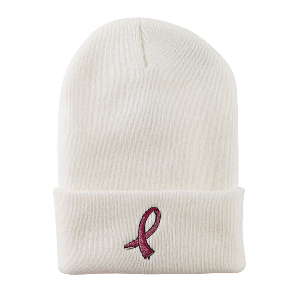 Hot Pink Breast Cancer Logo Embroidered Long Beanie - White OSFM ...