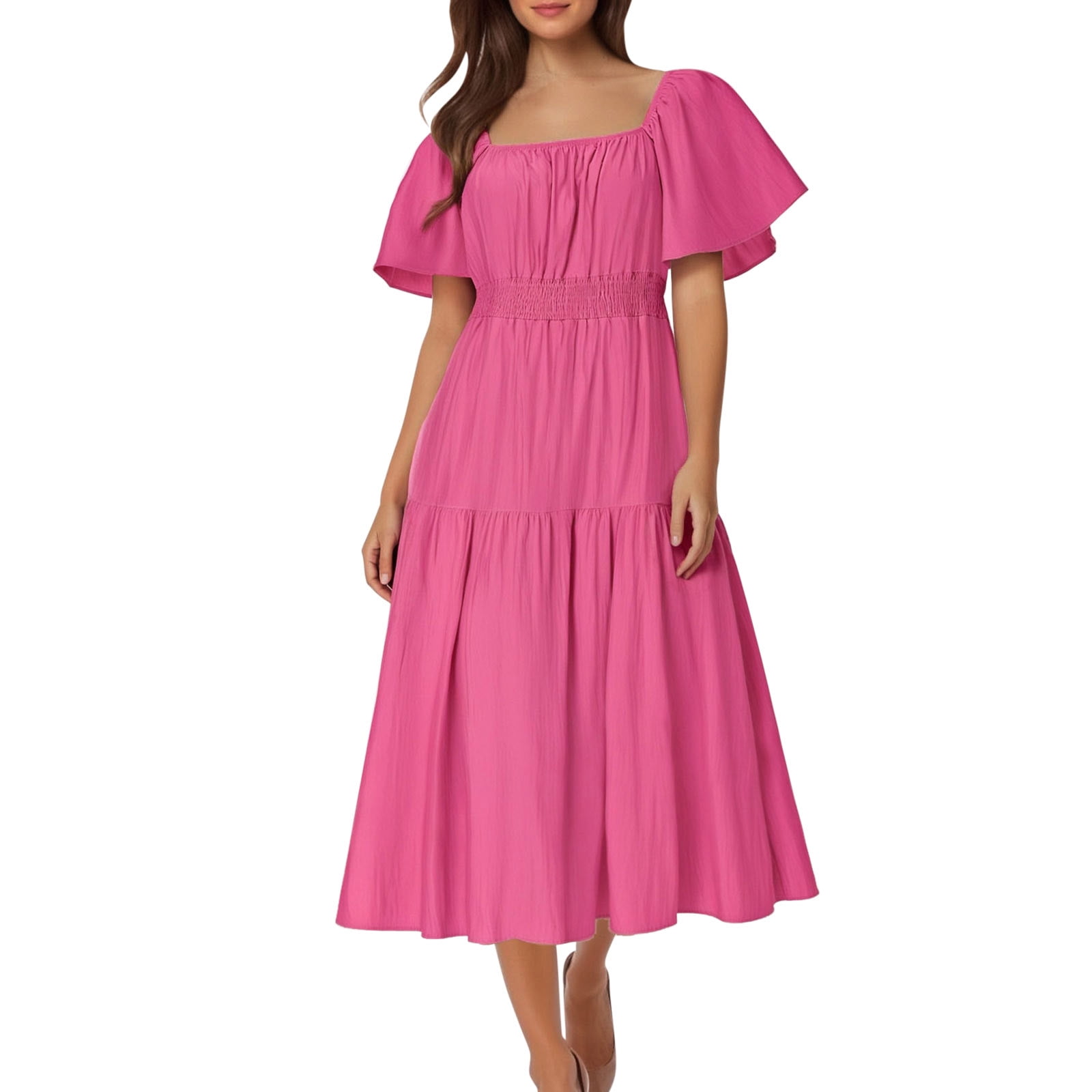 Hot Pink Brunch Dresses for Women Summer Fall Short Sleeve Square Neck ...
