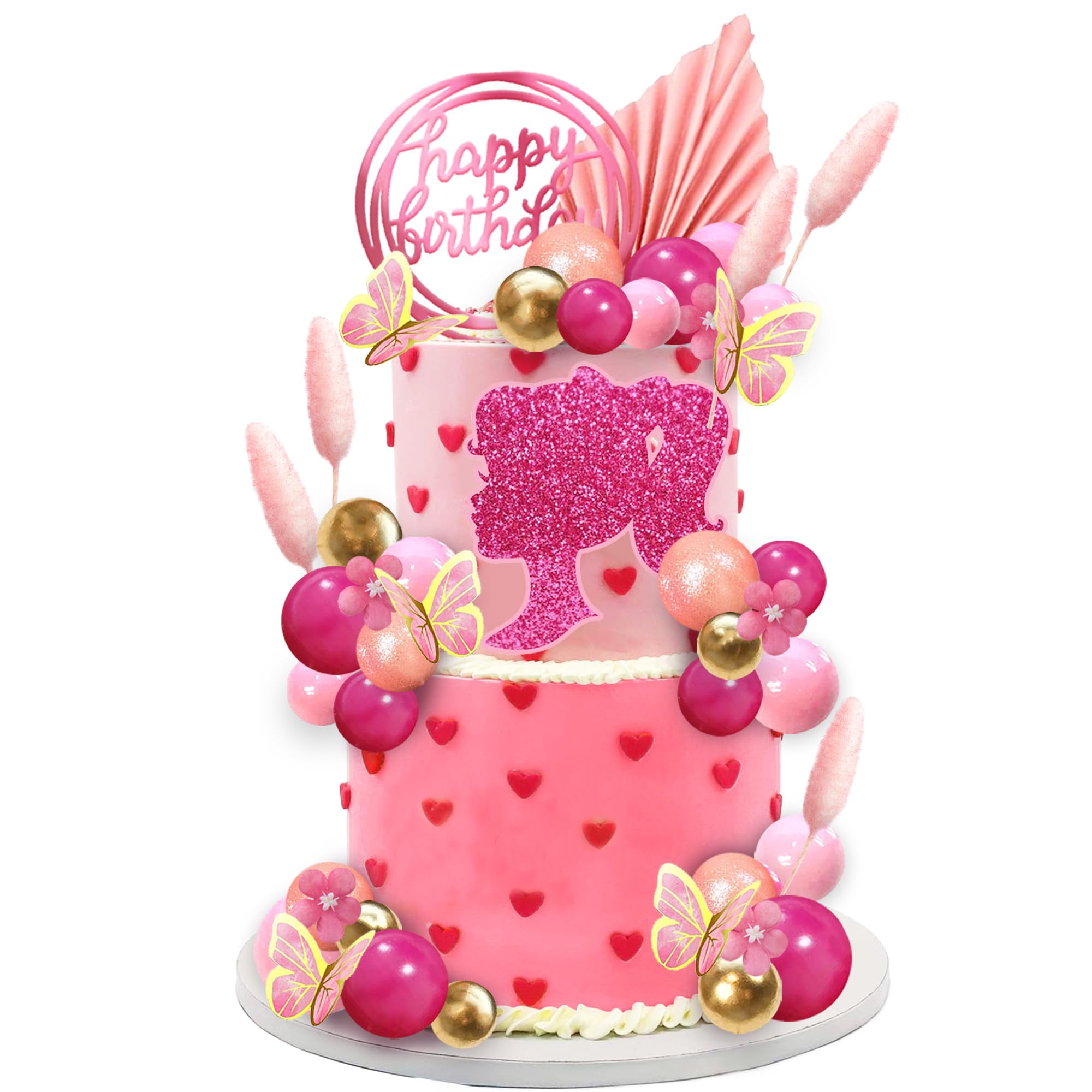 Hot Pink CM31 Girl Cake Toppers with Pink and Gold Butterfly Balls Cake ...