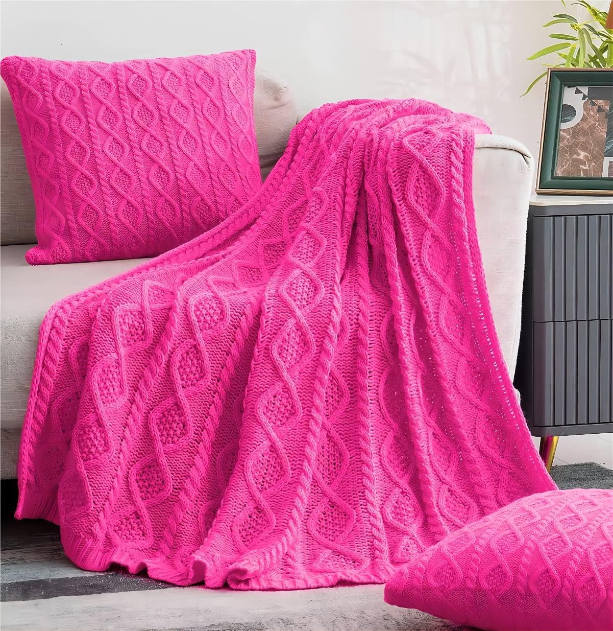 Hot Pink Cable Knit Throw Blanket 60 x 80 Inch, Twin Lightweight ...