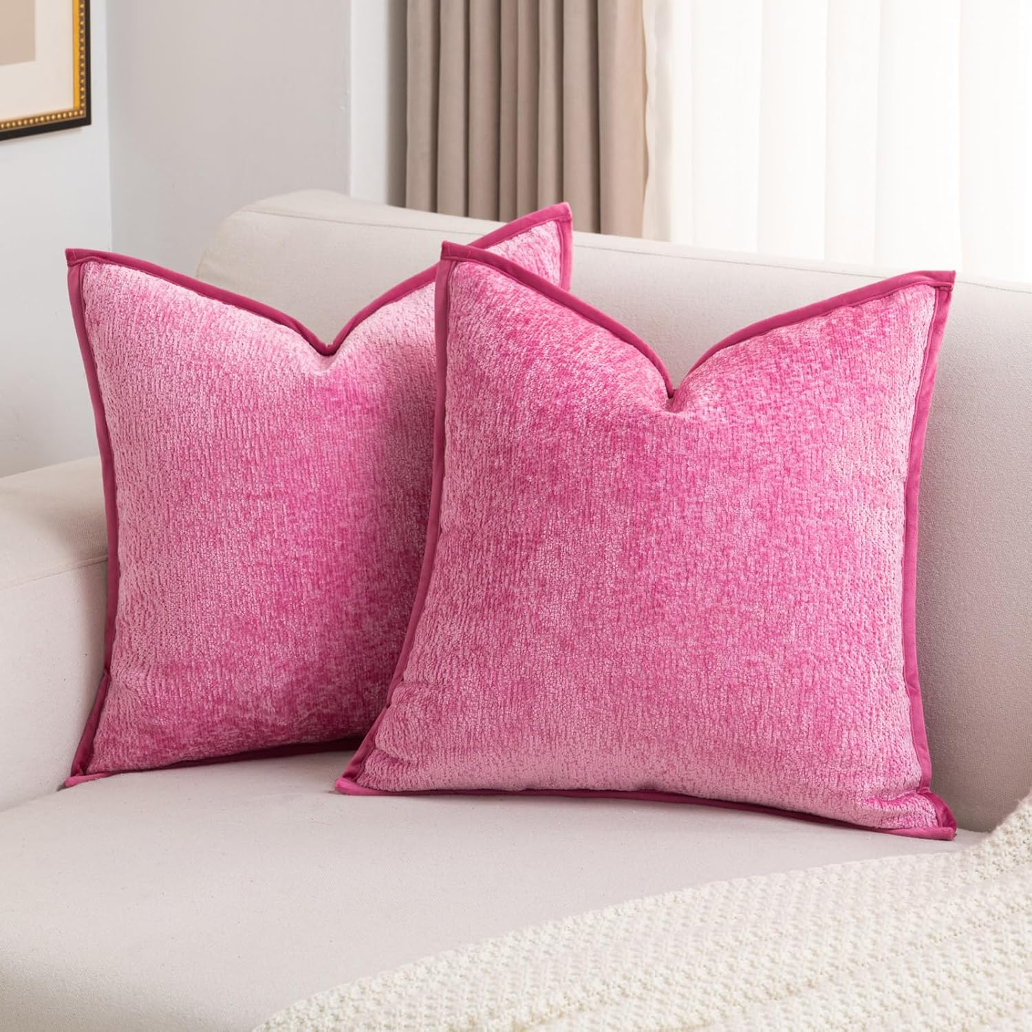 Hot Pink Chenille Throw Pillow Covers 18x18 Inch Set of 2,Soft Cozy ...
