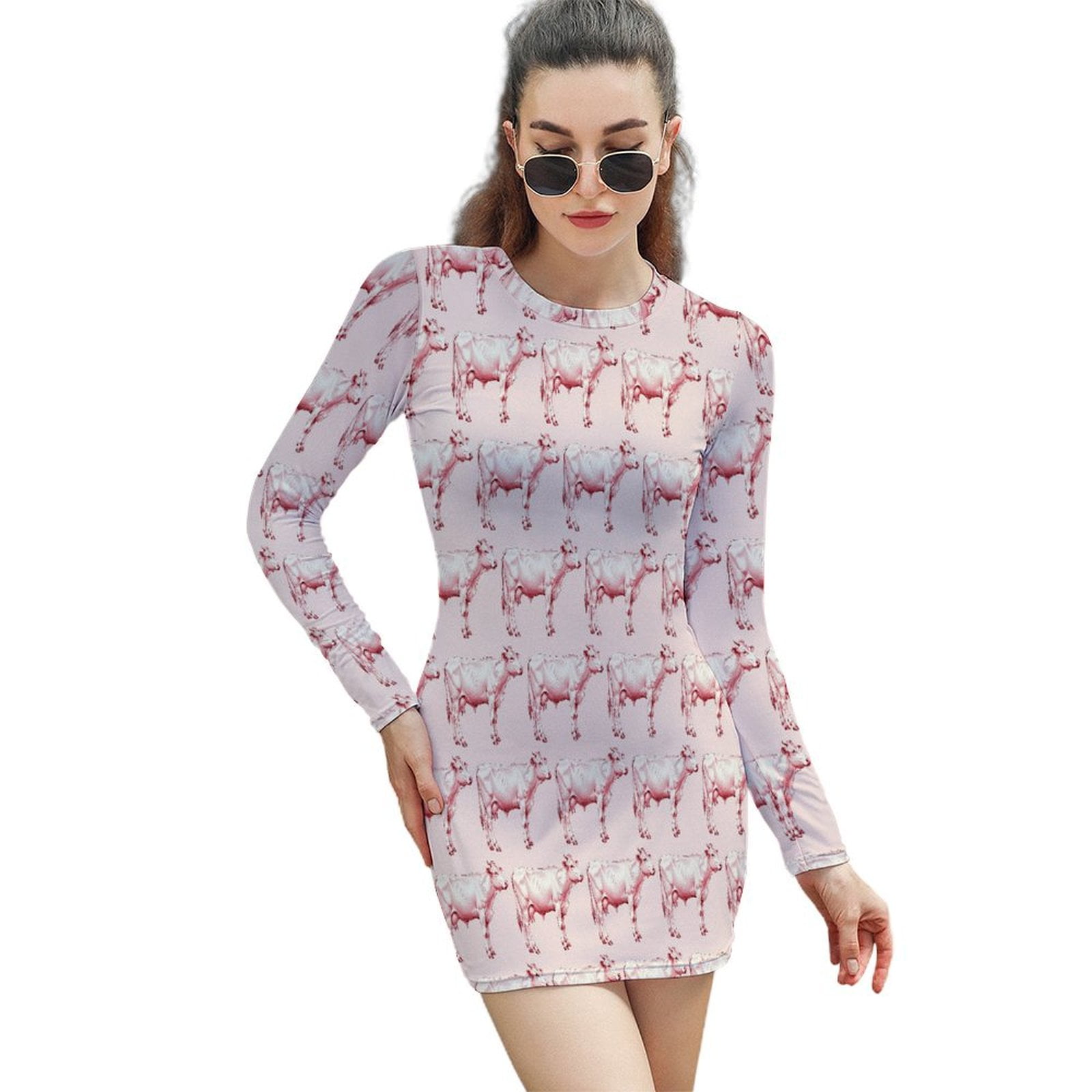 Hot Pink Cow Women's Long Sleeve Bodycon Dress Soft Stretchy For ...