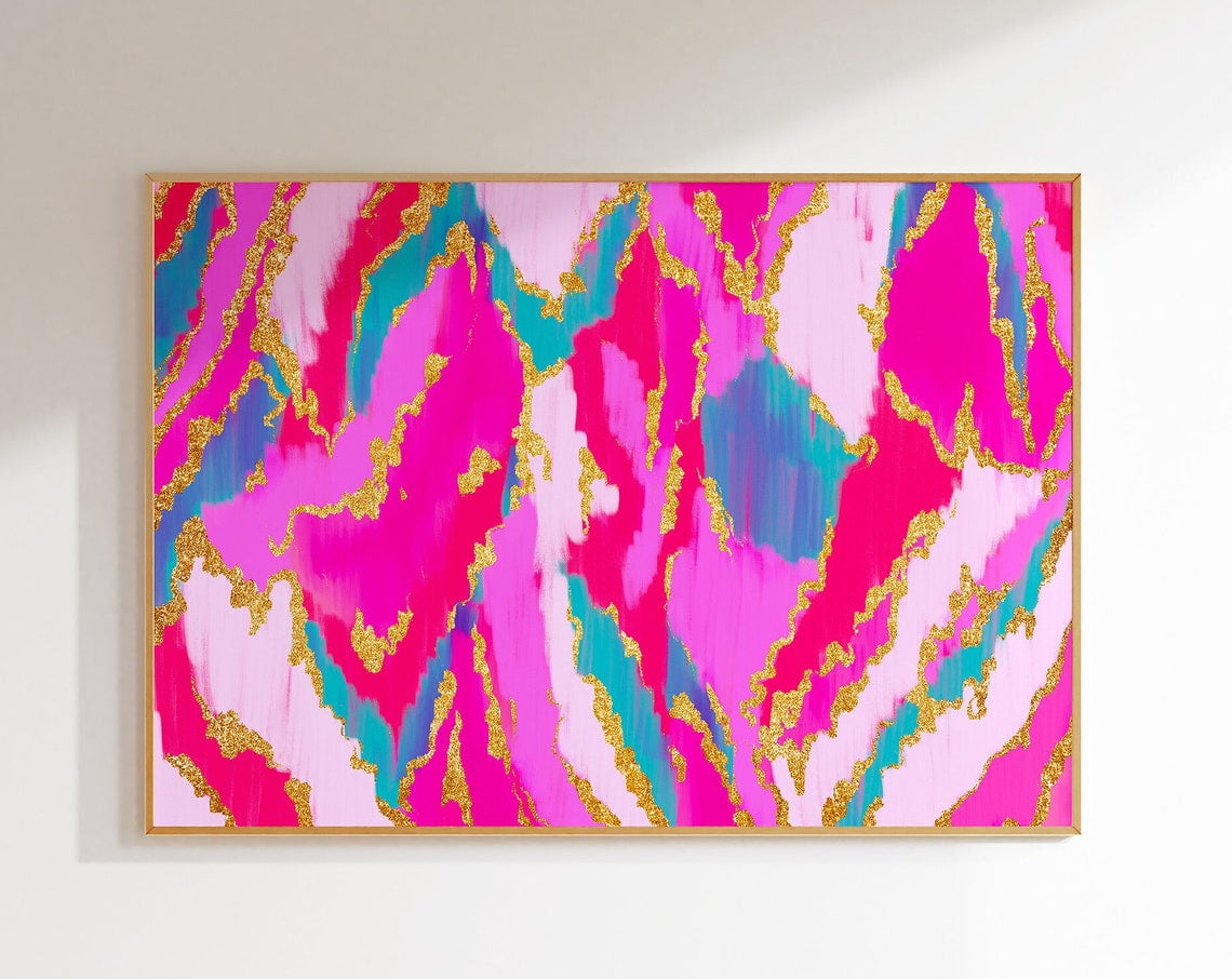 Hot Pink Decor Abstract Painting Preppy Room Decor, Maximalist Wall Art ...