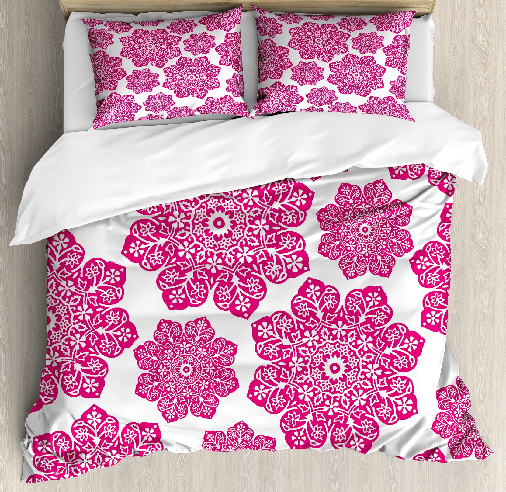 Hot Pink Duvet Cover Set, Batik Floral Arrangement with Eastern Design ...