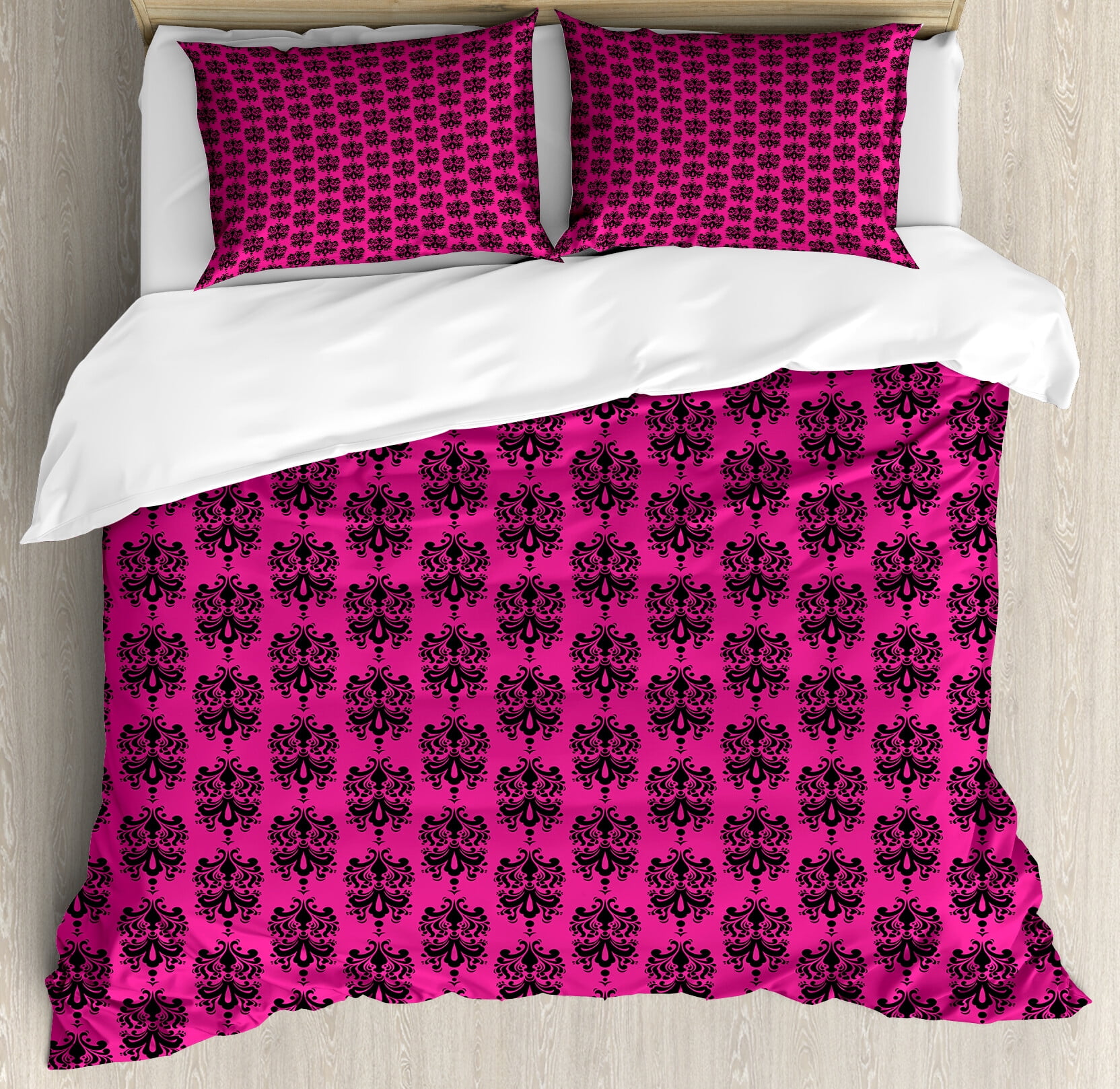 Hot Pink Duvet Cover Set, Eastern Themed Oriental Black Damask Design ...