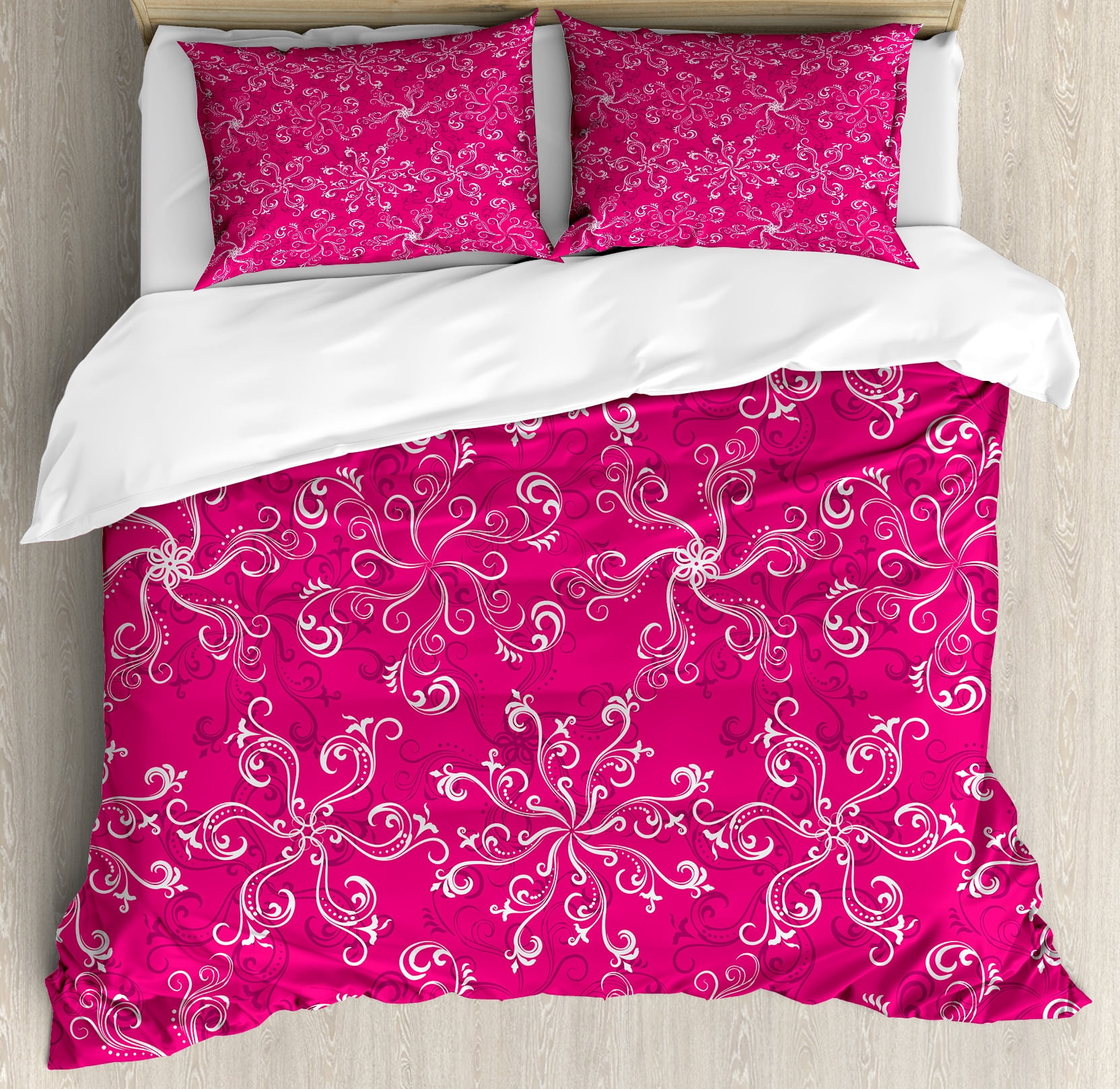 Hot Pink Duvet Cover Set, Floral Arrangement Pattern on Hot Pink ...