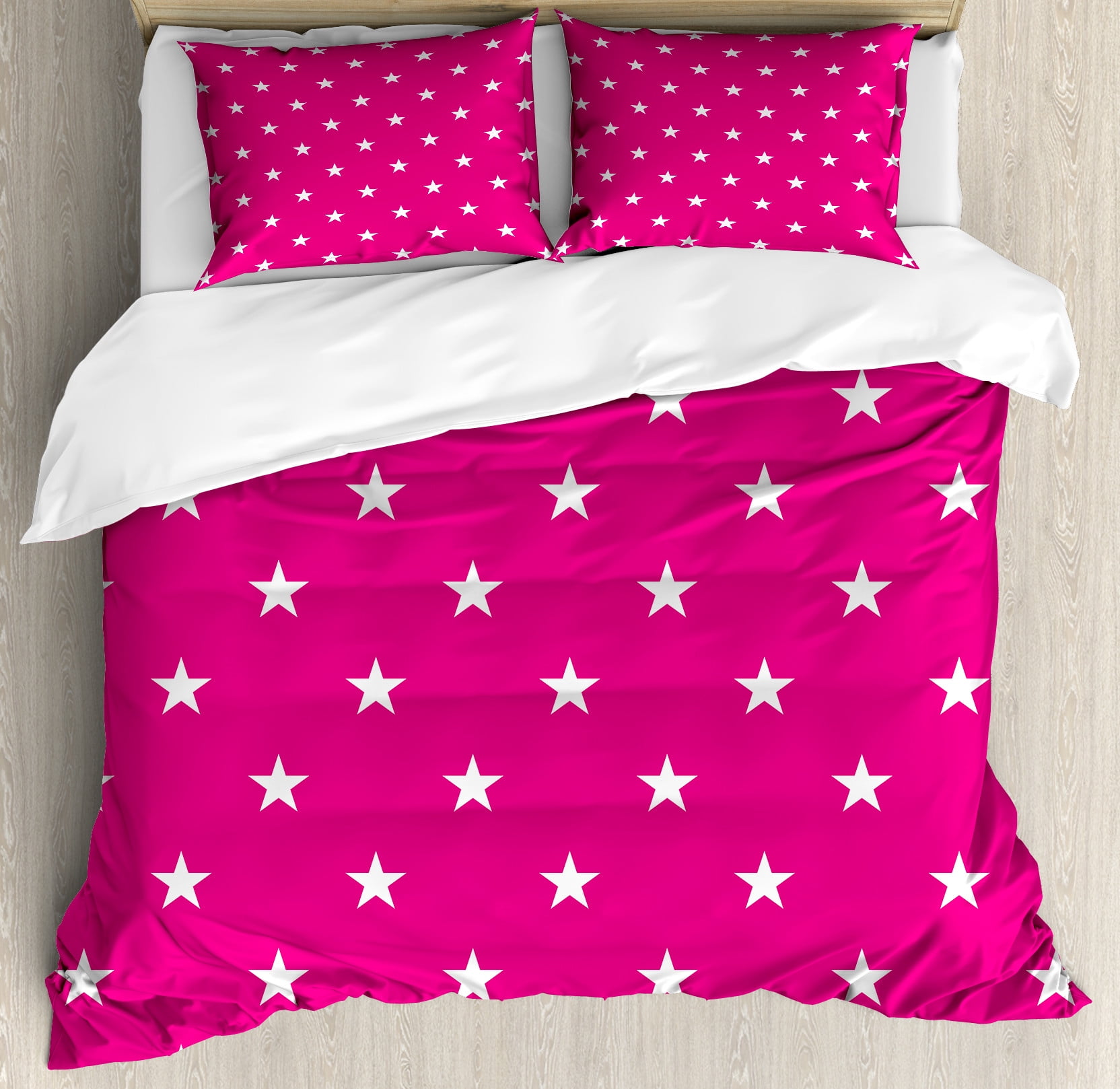 Hot Pink Duvet Cover Set, Symmetrical Pattern with White Stars Girlish Pattern Retro Party Tile ...