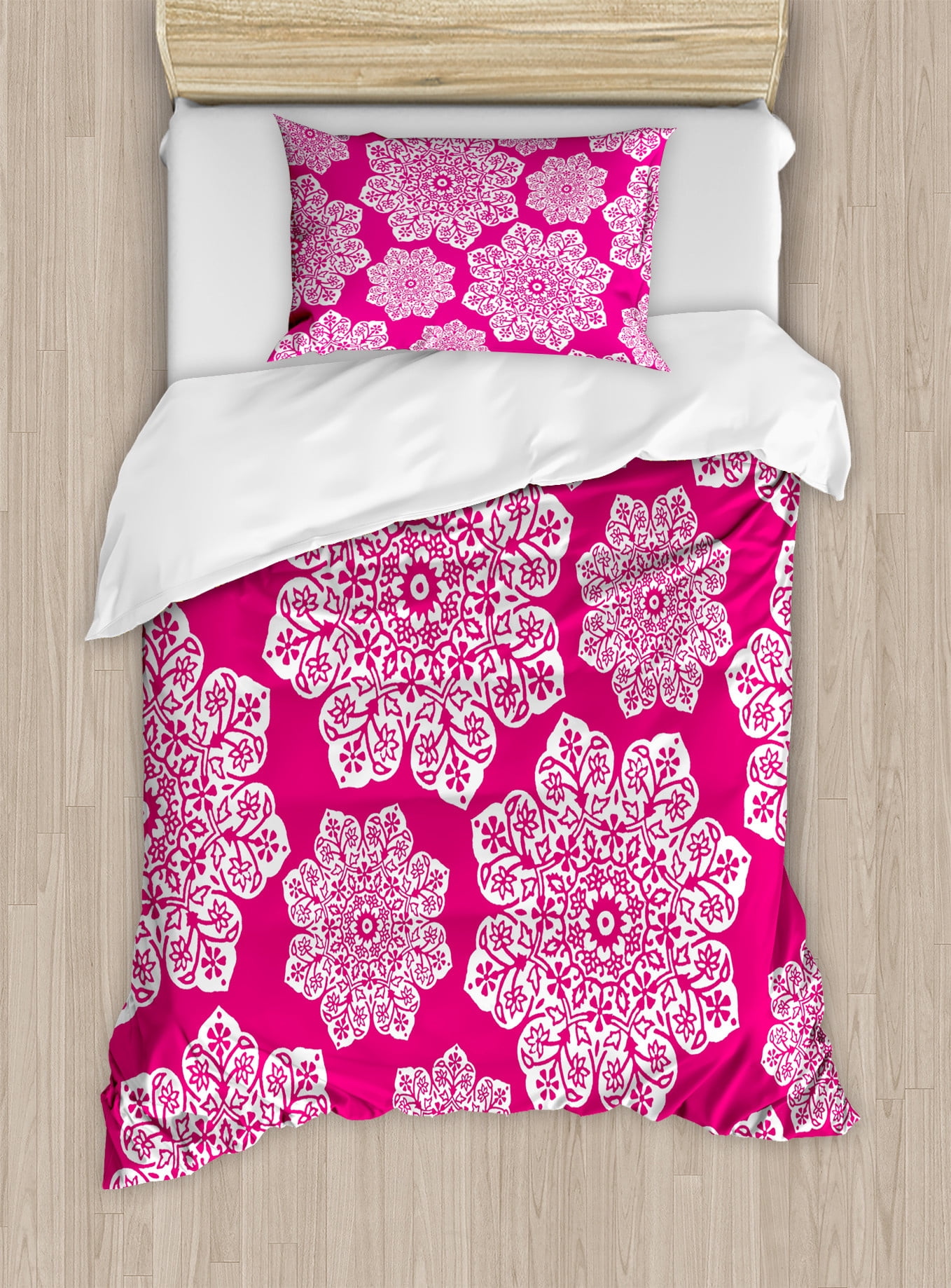 Hot Pink Duvet Cover Set, White Floral Design Ornate Mandala Inspired ...