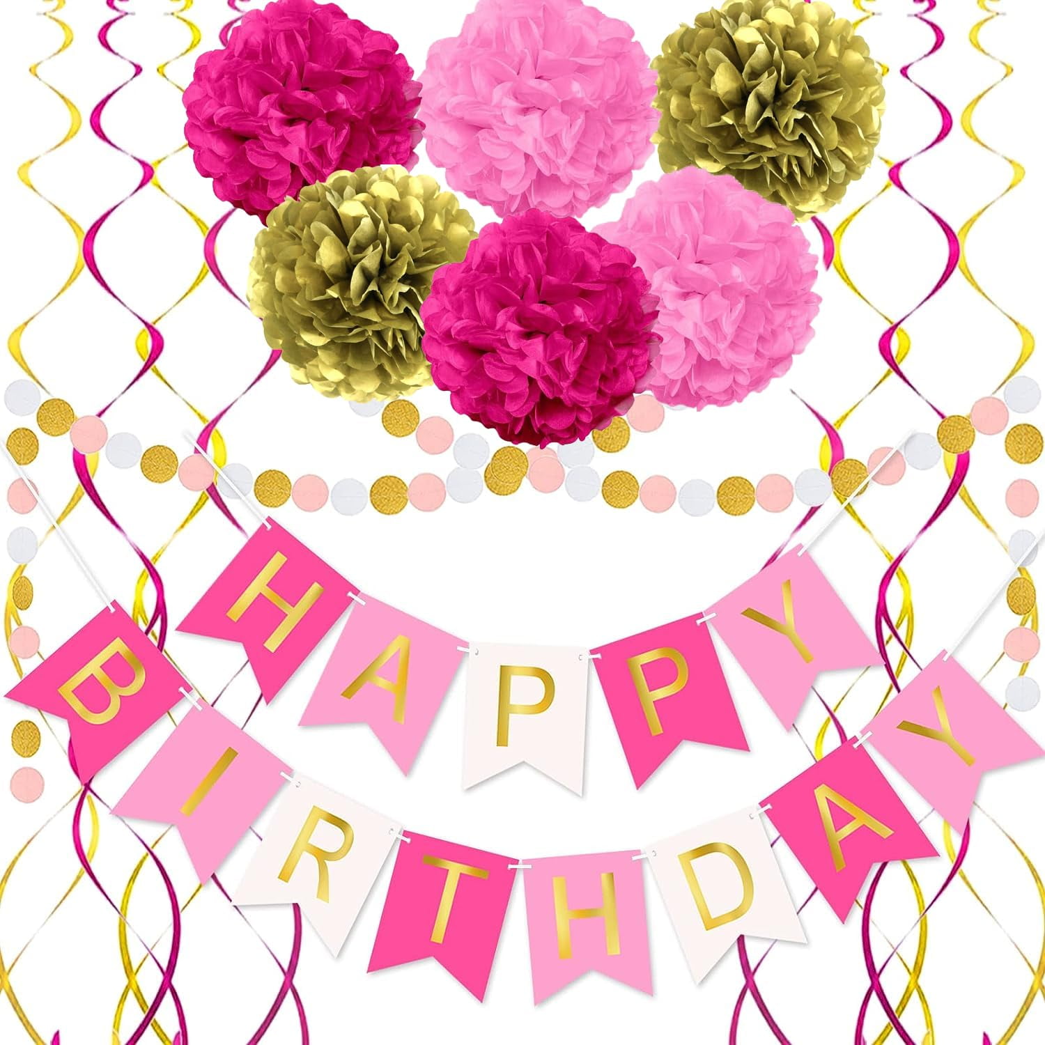 Hot Pink and FEV6 Gold Birthday Decorations, Happy Birthday Banner with ...