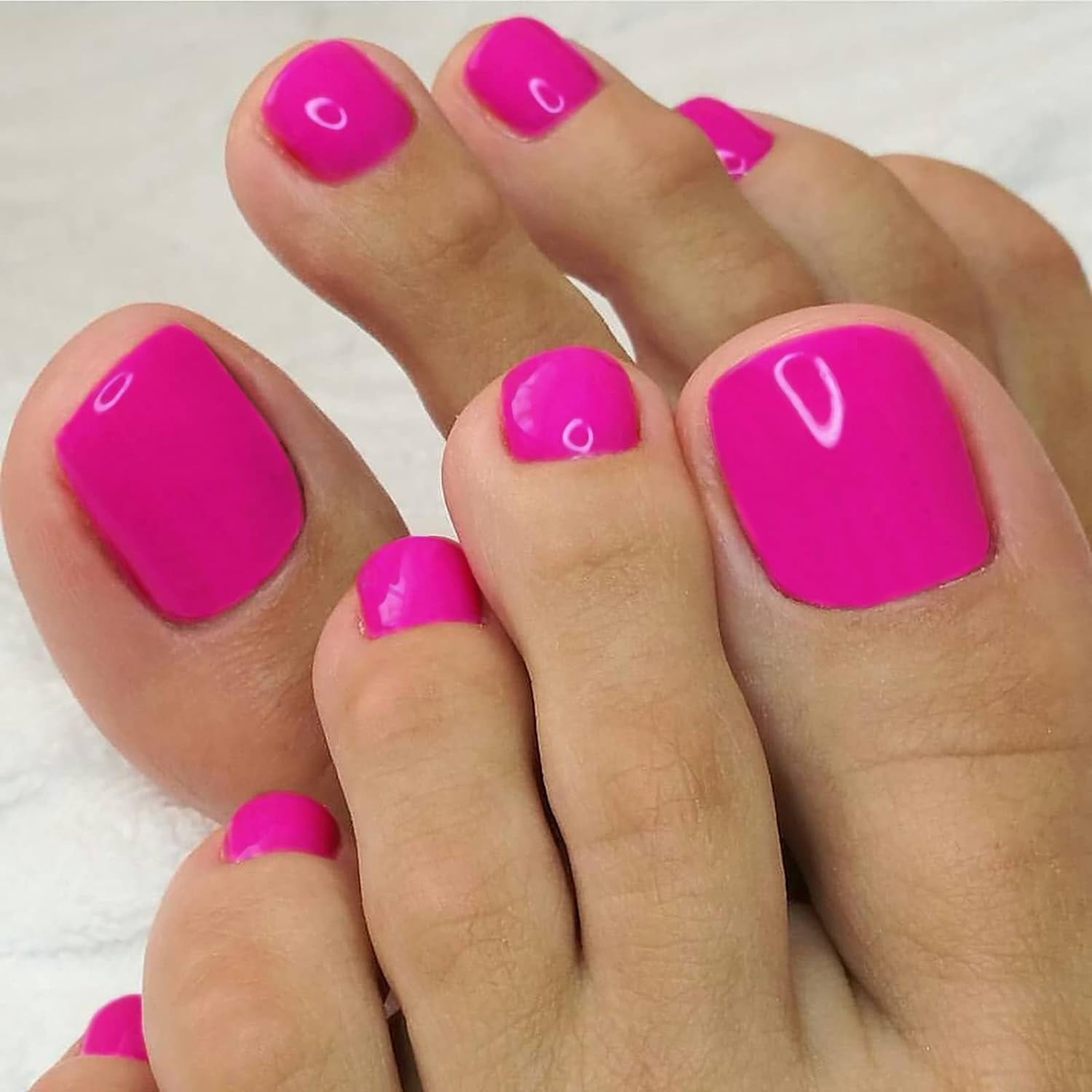 Hot Pink Fake Toenails Glossy Press on Toe Nails Short Square Shaped ...