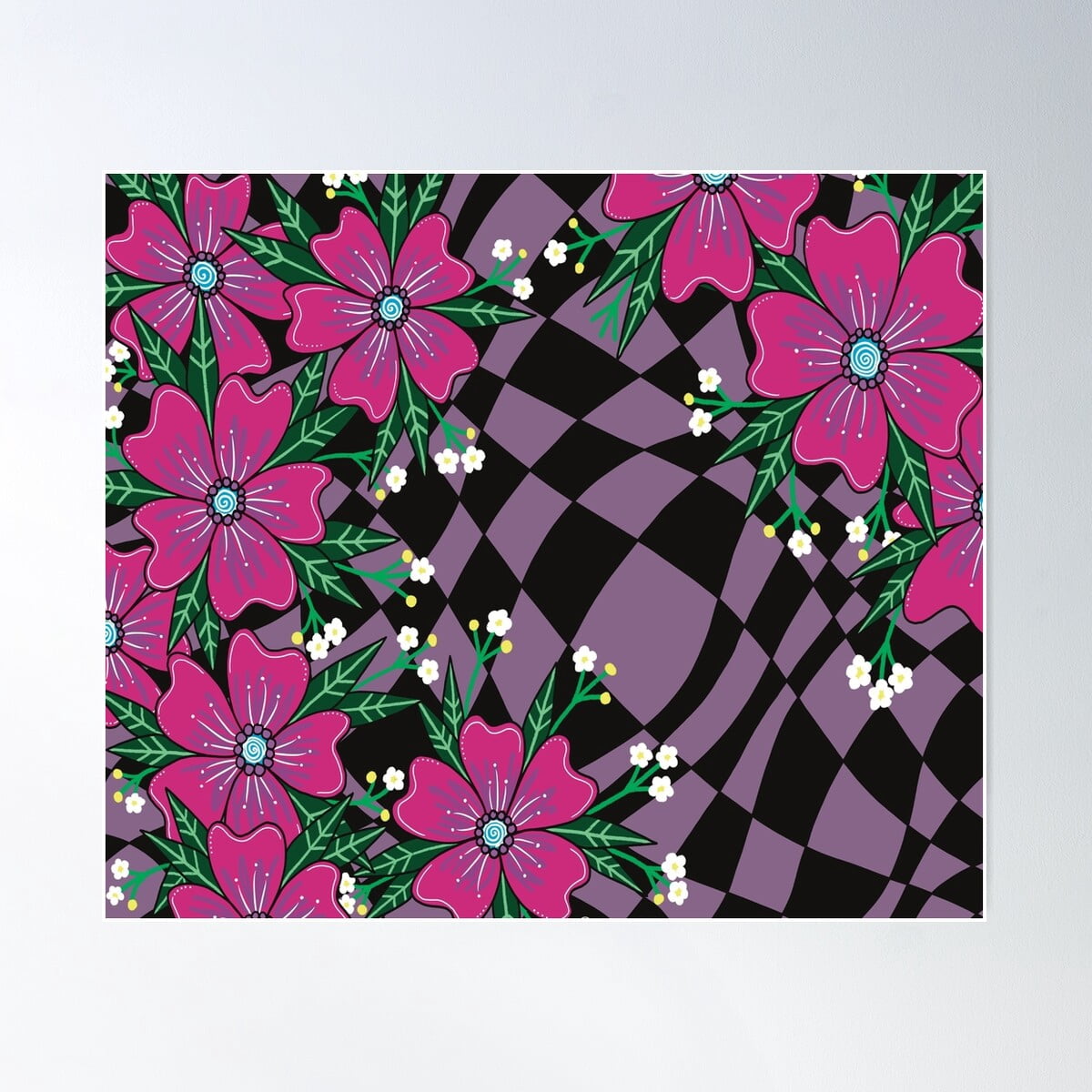 Hot Pink Forget Me Nots With Funky Checker Board Pattern Poster Wall ...
