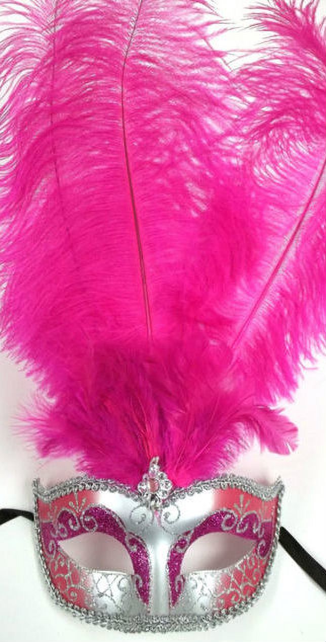 Hot Pink Fuschia Silver Venetian Masquerade Feather Mask Tall Feathers ...