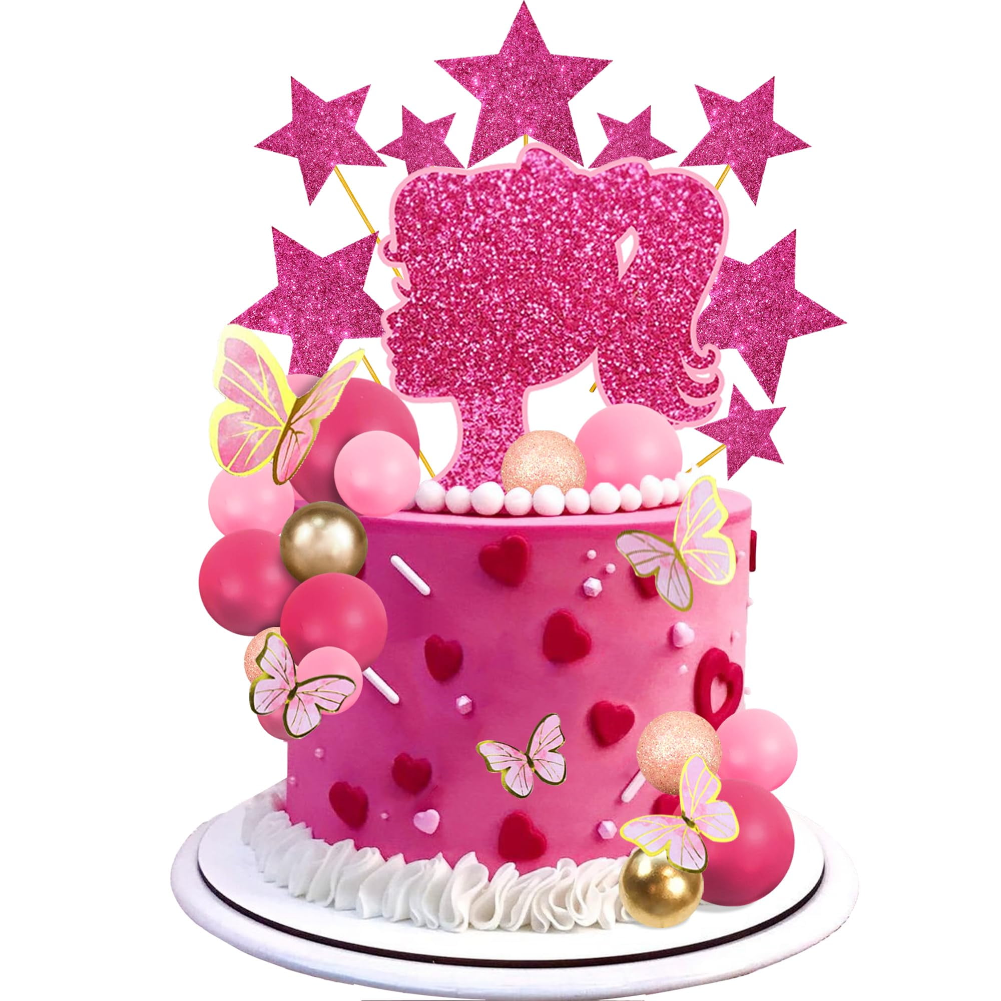 Hot Pink Girl Cake Toppers with Pink Gold Butterfly Balls Star Doll ...