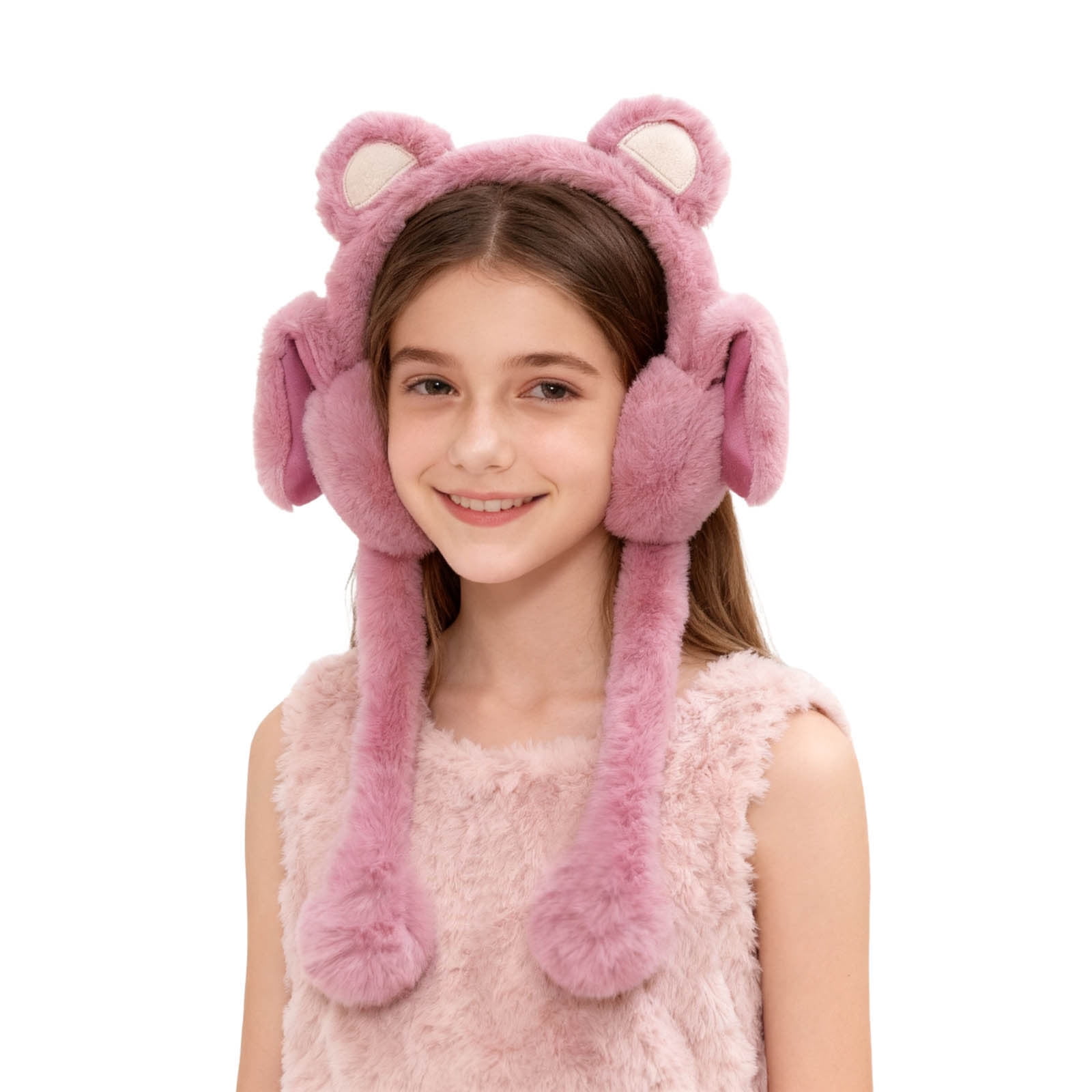 Hot Pink Girls Fleece Ear Muffs With Moving Ears Warm Windproof Design ...