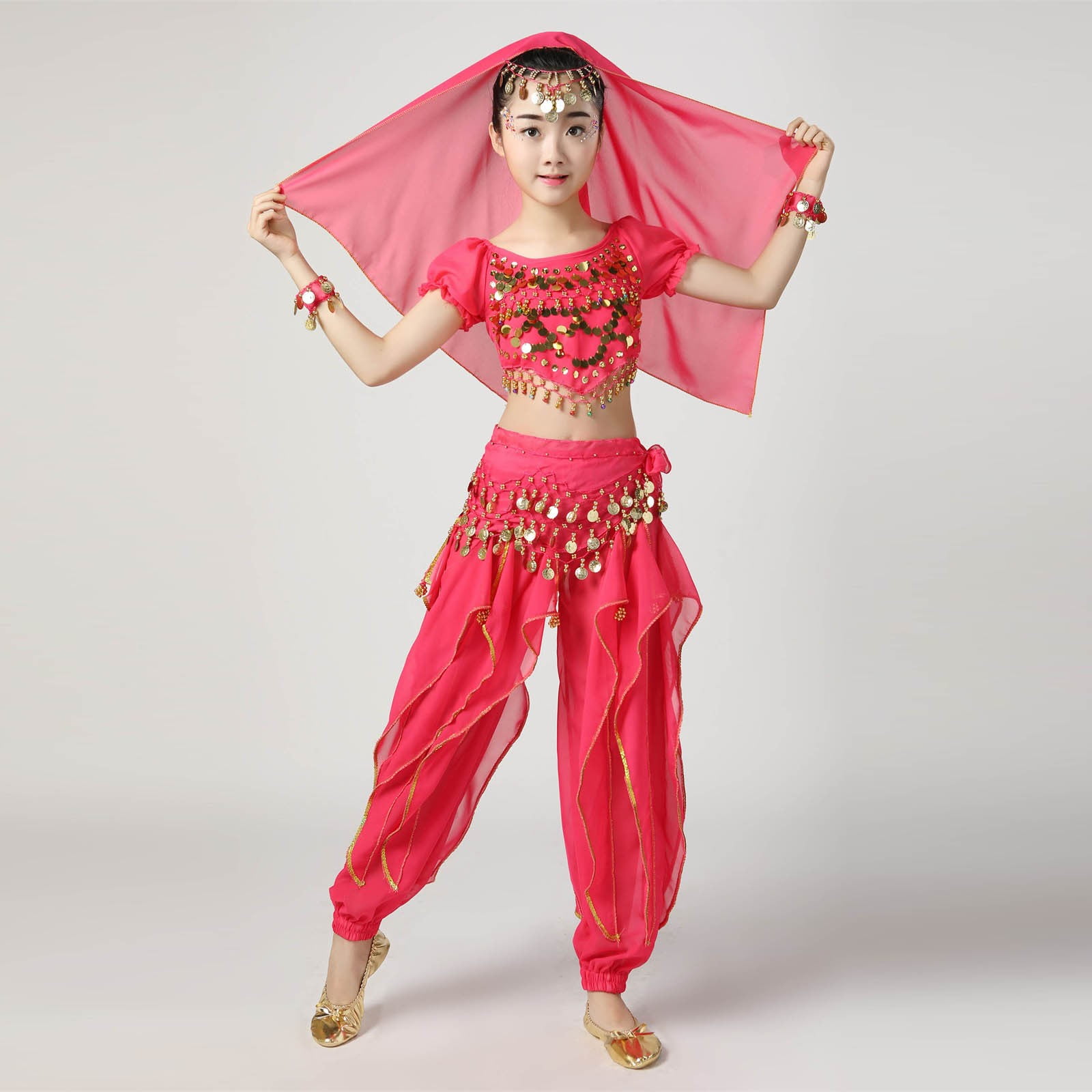 Hot Pink Girls Performance Costume Set, 5-Piece Sequined Outfit with ...