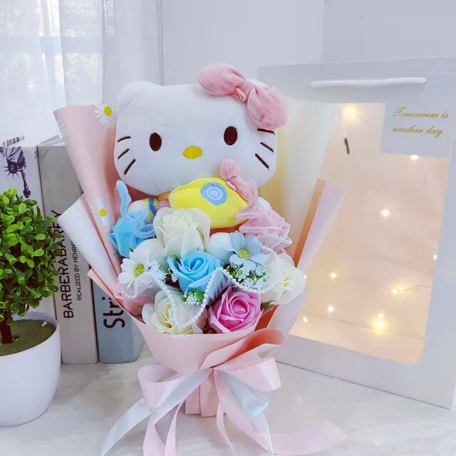 Hot Pink Hello KT Toys With Soap Rose Flower Cartoon Bouquets Stuffed ...