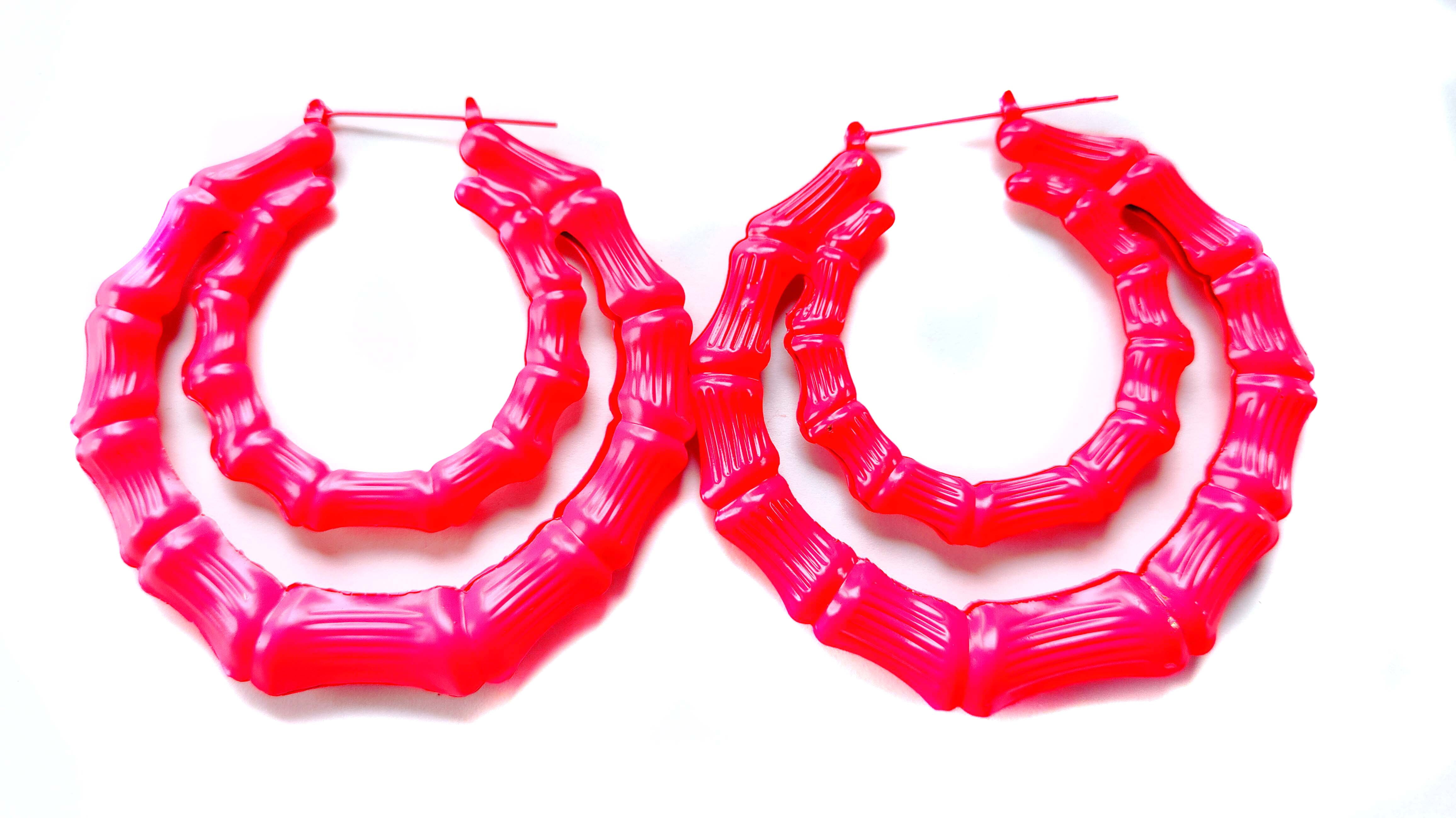 Hot Pink Hoops Bamboo Double Hoop Earrings Hoop Earrings 3.5 inch Large ...