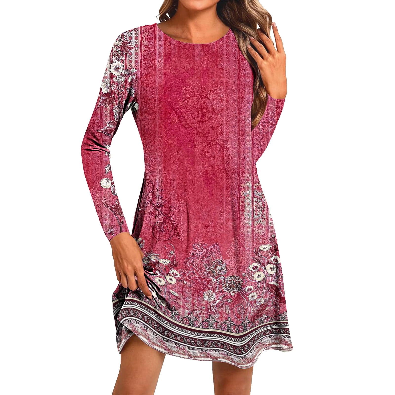 Hot Pink Ladies Crew Neck Dresses Lounge Dresses for Women Long Sleeve ...