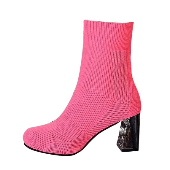Hot Pink Ladies Square Toe Elastic Knit Boots In Rose With Mid Calf ...