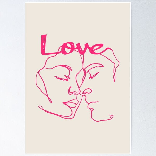 Hot Pink Line Art Couple Almost Kissing Poster Wall Art, Modern Wall ...