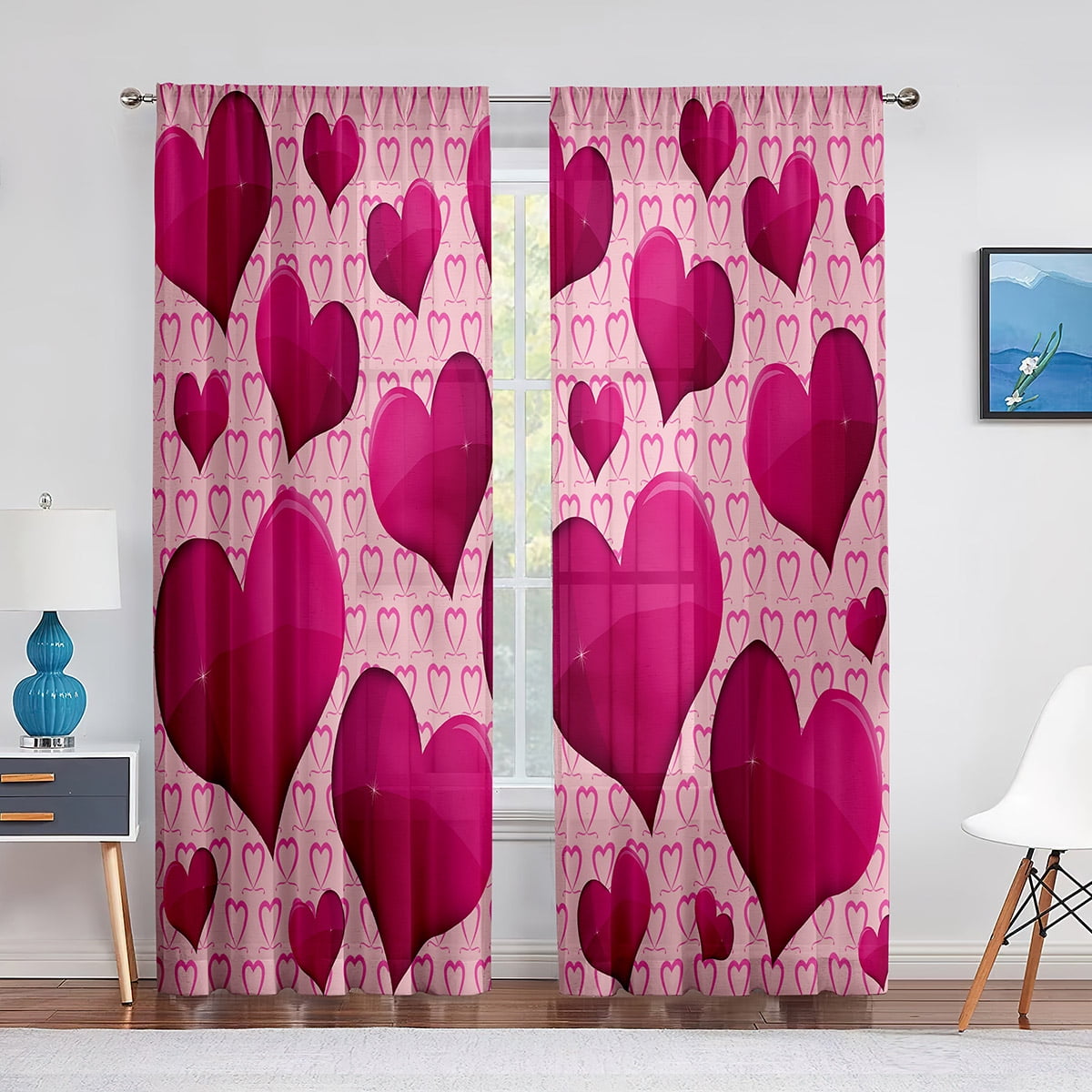 Hot Pink Love Hearts Shapes Sheer Curtains for Valentine's Day Living ...