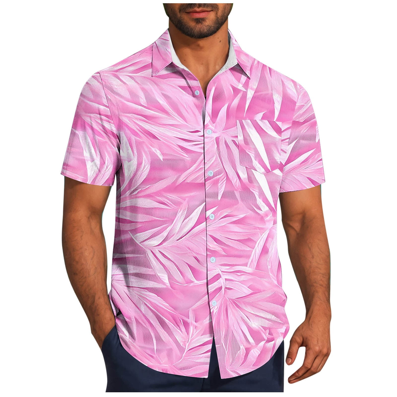 Hot Pink Man High Neck Tops Beach Brunch Button Up Blouses for Man ...