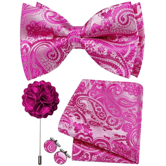 Hot Pink Paisley Bow Tie for Men Silk Woven Pre-tied Bowtie and Pocket ...