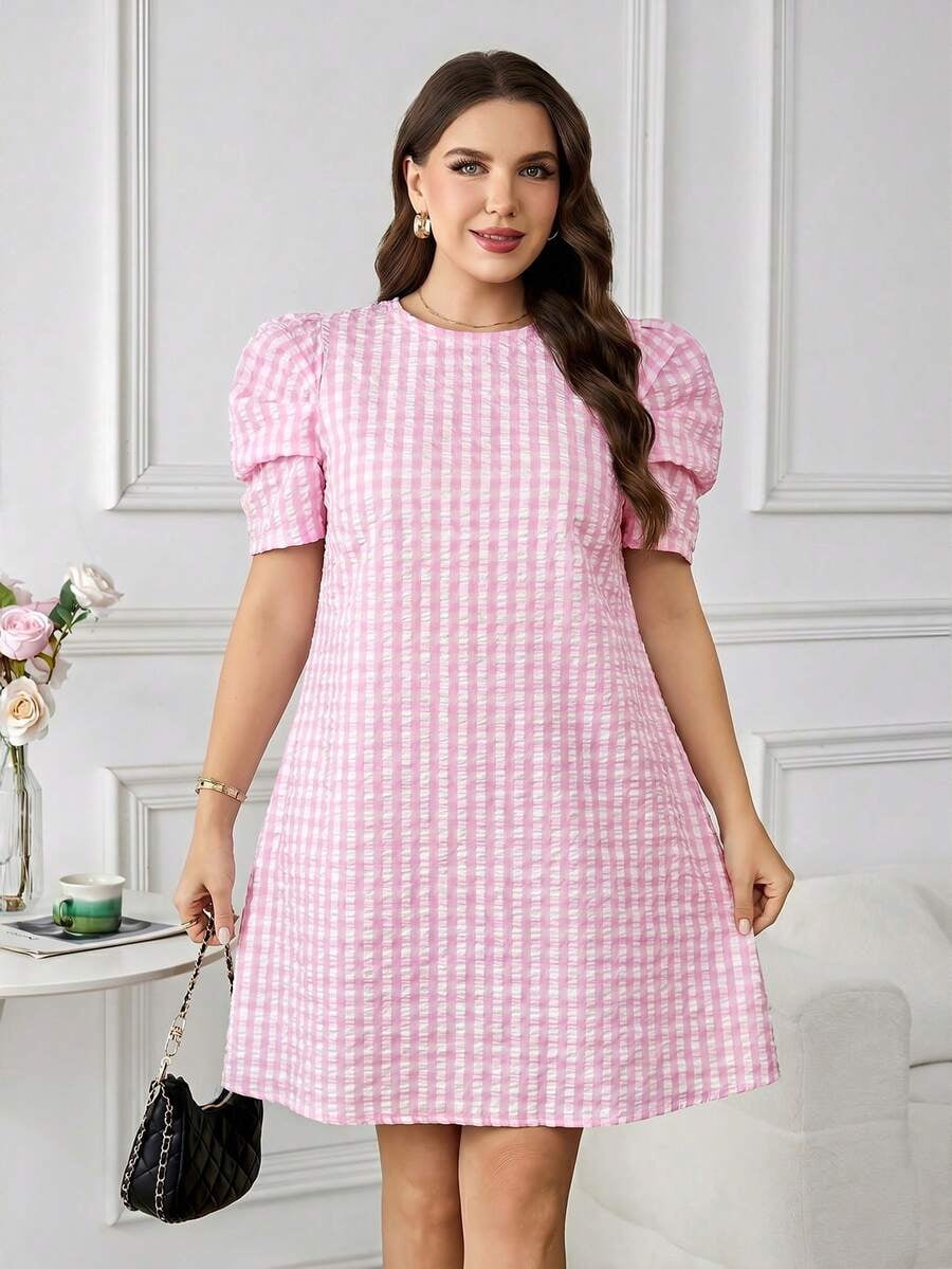 Hot Pink Plus Size Puff Sleeve Shift Dress With Gingham Pattern ...