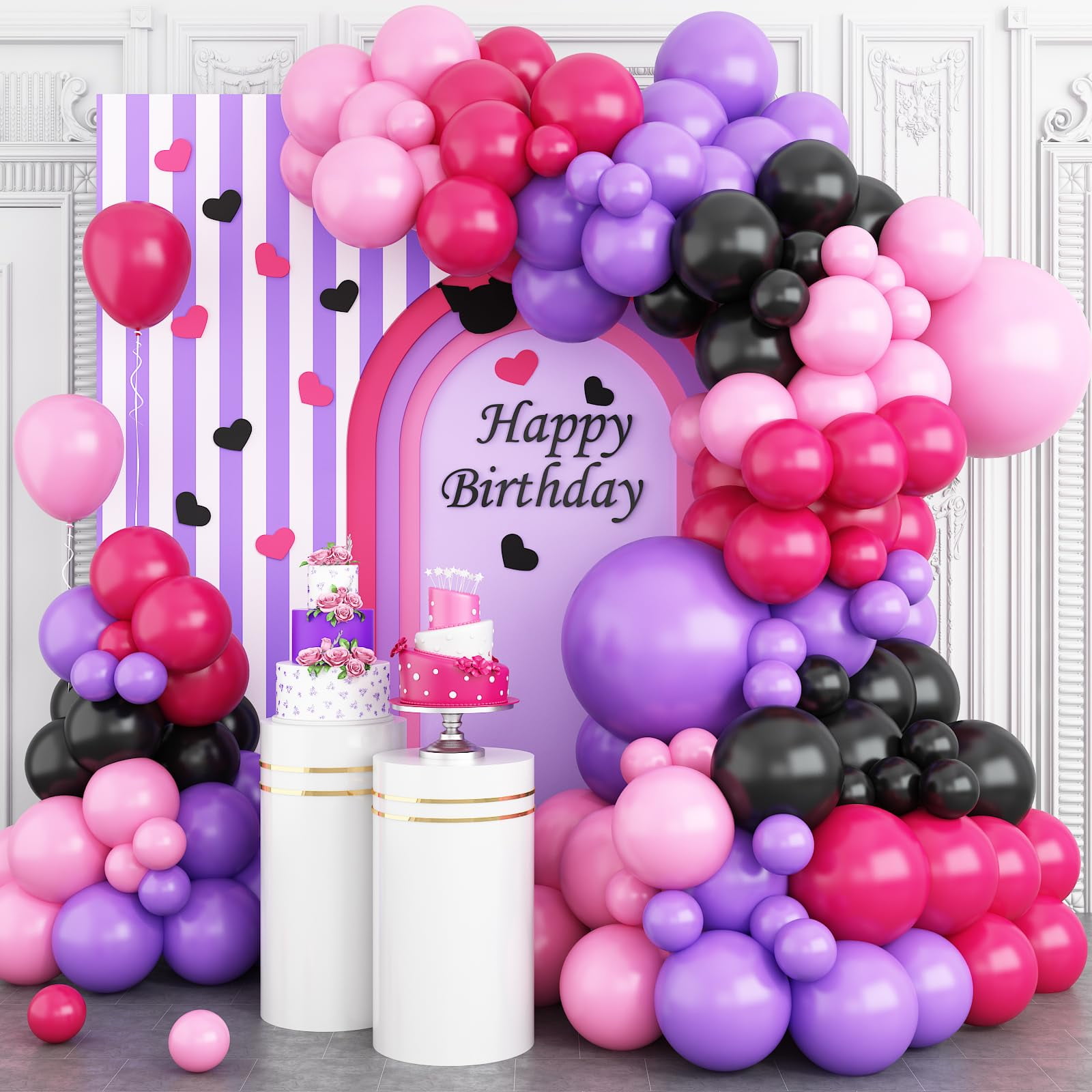Hot Pink and Purple Balloon Arch KKS1 Garland Kit, Rose Red Black Pink ...