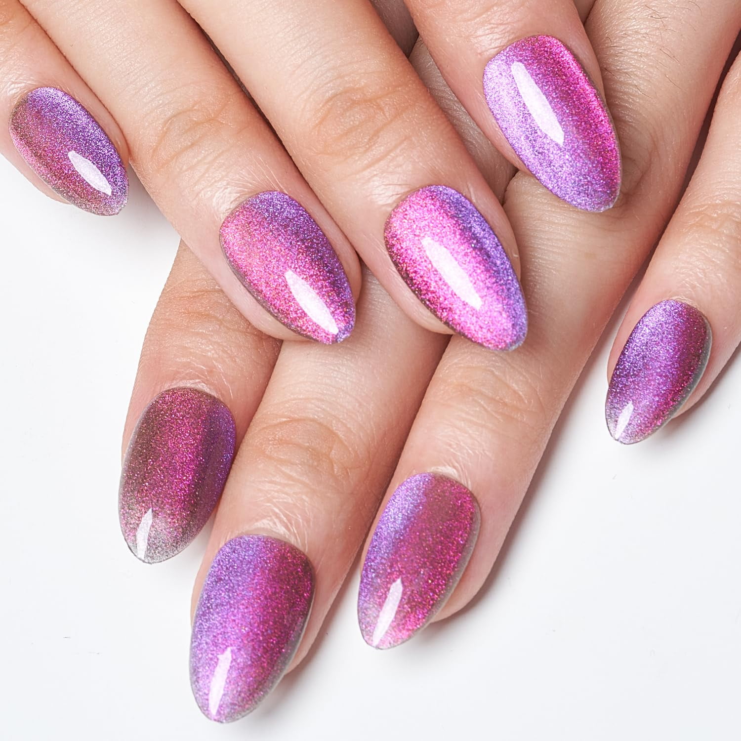 Hot Pink Purple Ombre Press on Nails Medium Almond, Handmade Chameleon Gel Magnet Cat Eye Fake ...