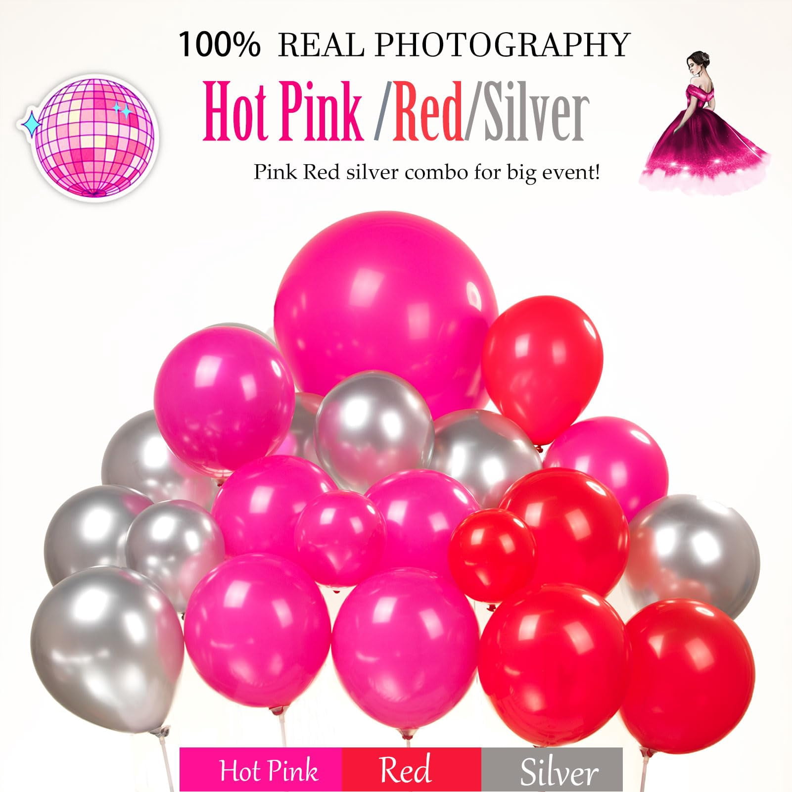 Hot Pink Red AJH3 Silver Disco Balloon garland arch kit with Disco ball ...
