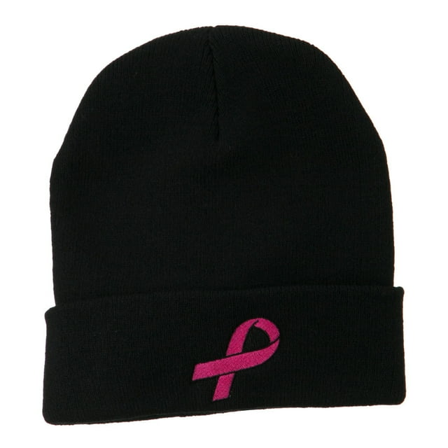 Hot Pink Ribbon Breast Cancer Embroidered Long Cuff Beanie - Black OSFM ...