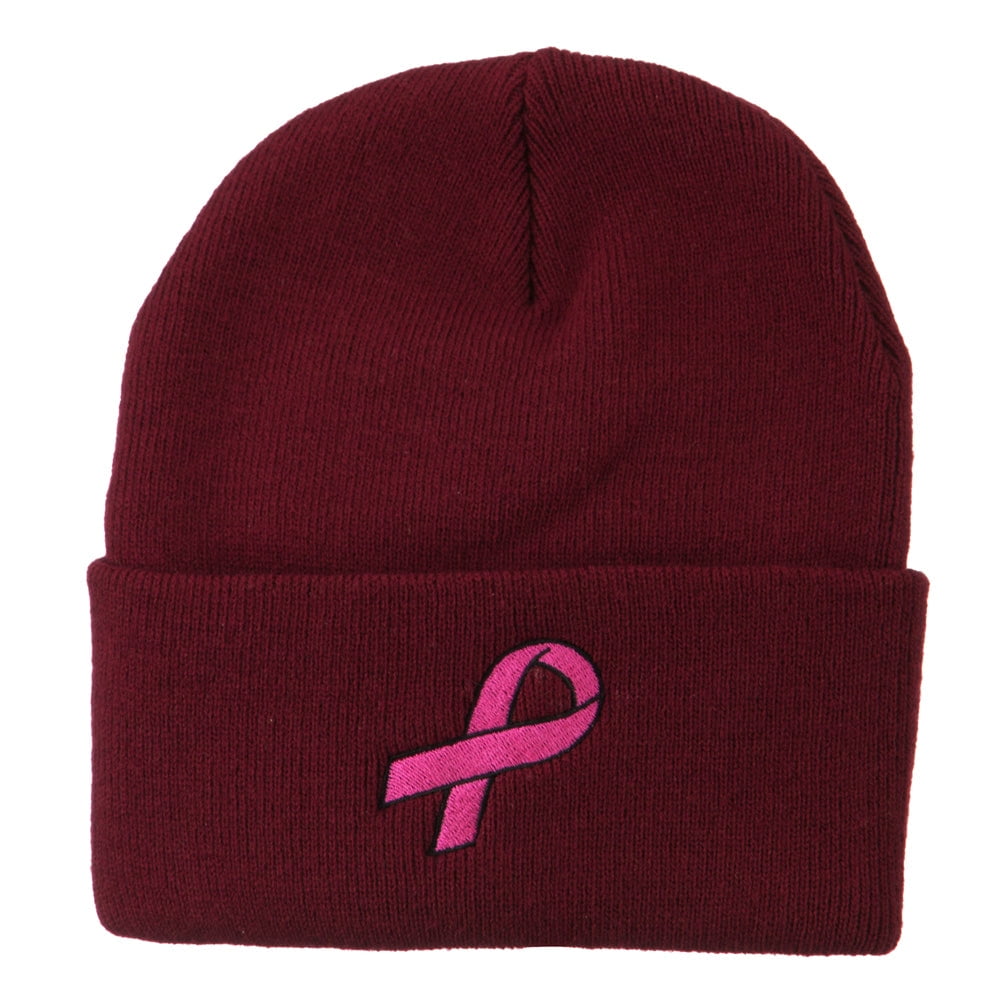Hot Pink Ribbon Breast Cancer Embroidered Long Cuff Beanie - Maroon ...