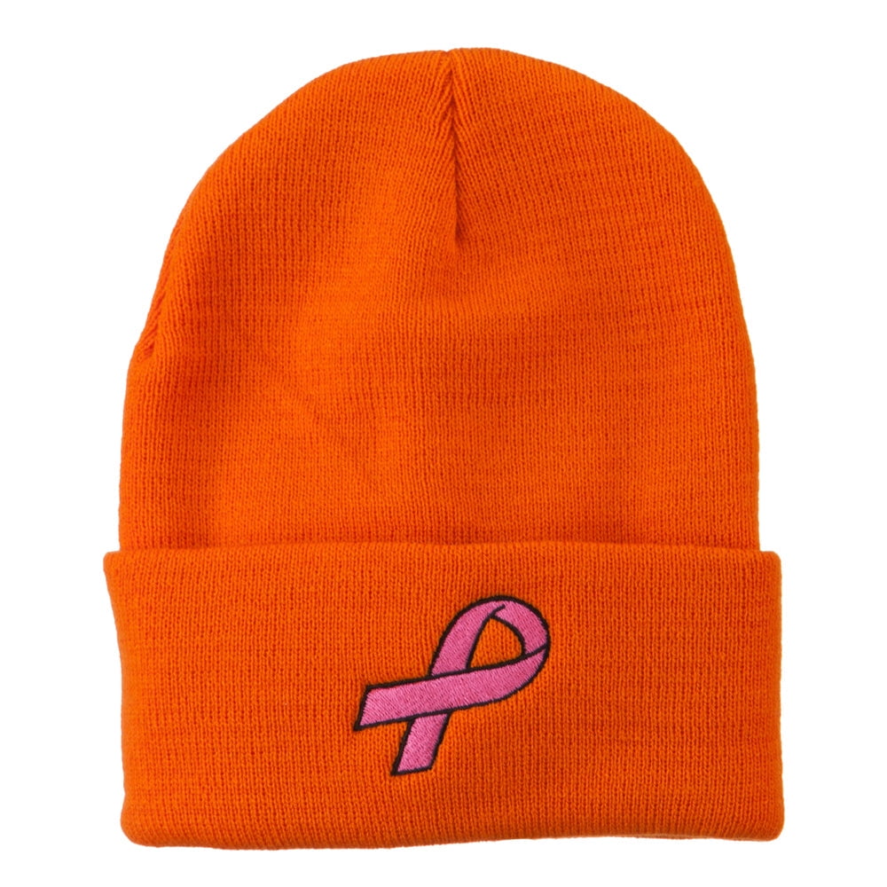 Hot Pink Ribbon Breast Cancer Embroidered Long Cuff Beanie - Orange ...
