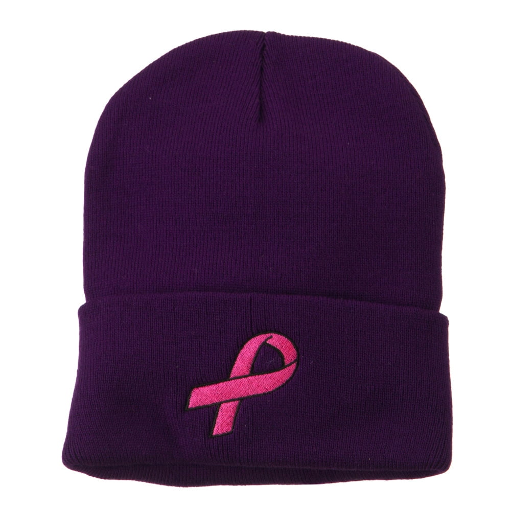 Hot Pink Ribbon Breast Cancer Embroidered Long Cuff Beanie - Purple ...
