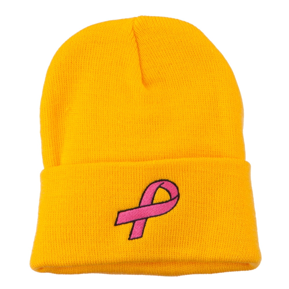 Hot Pink Ribbon Breast Cancer Embroidered Long Cuff Beanie - Yellow ...