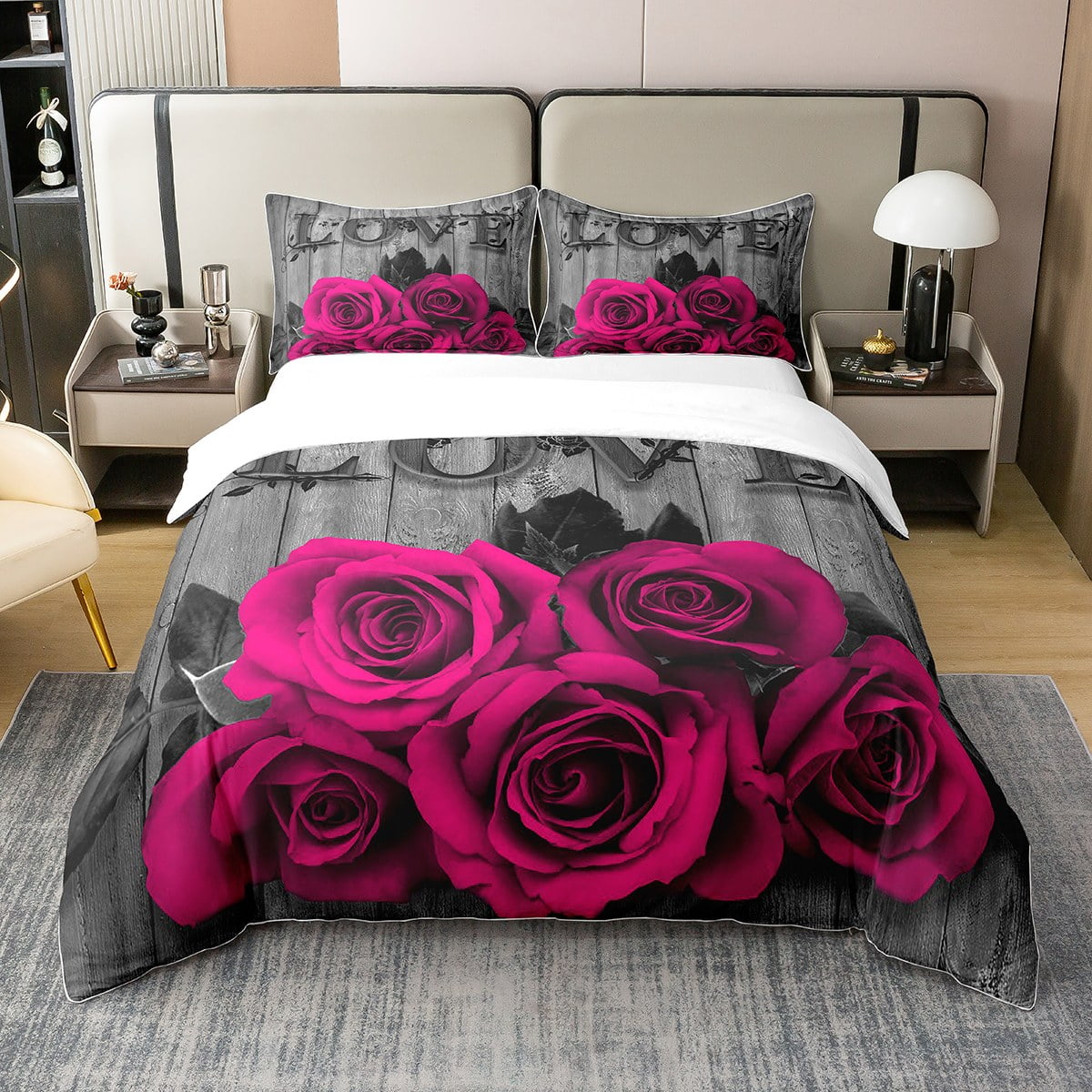 Hot Pink Rose Flowers 100% Cotton Duvet Cover Queen Retro Rustic Rose ...