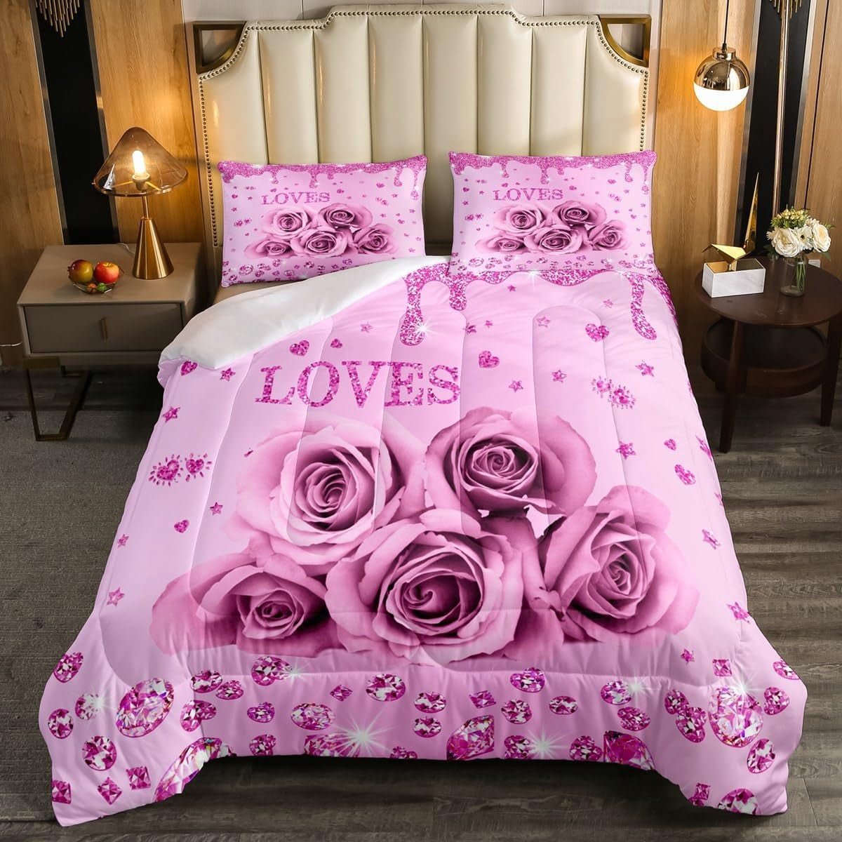 Hot Pink Rose Flowers Comforter Set Queen Retro Rustic Rose Floral ...