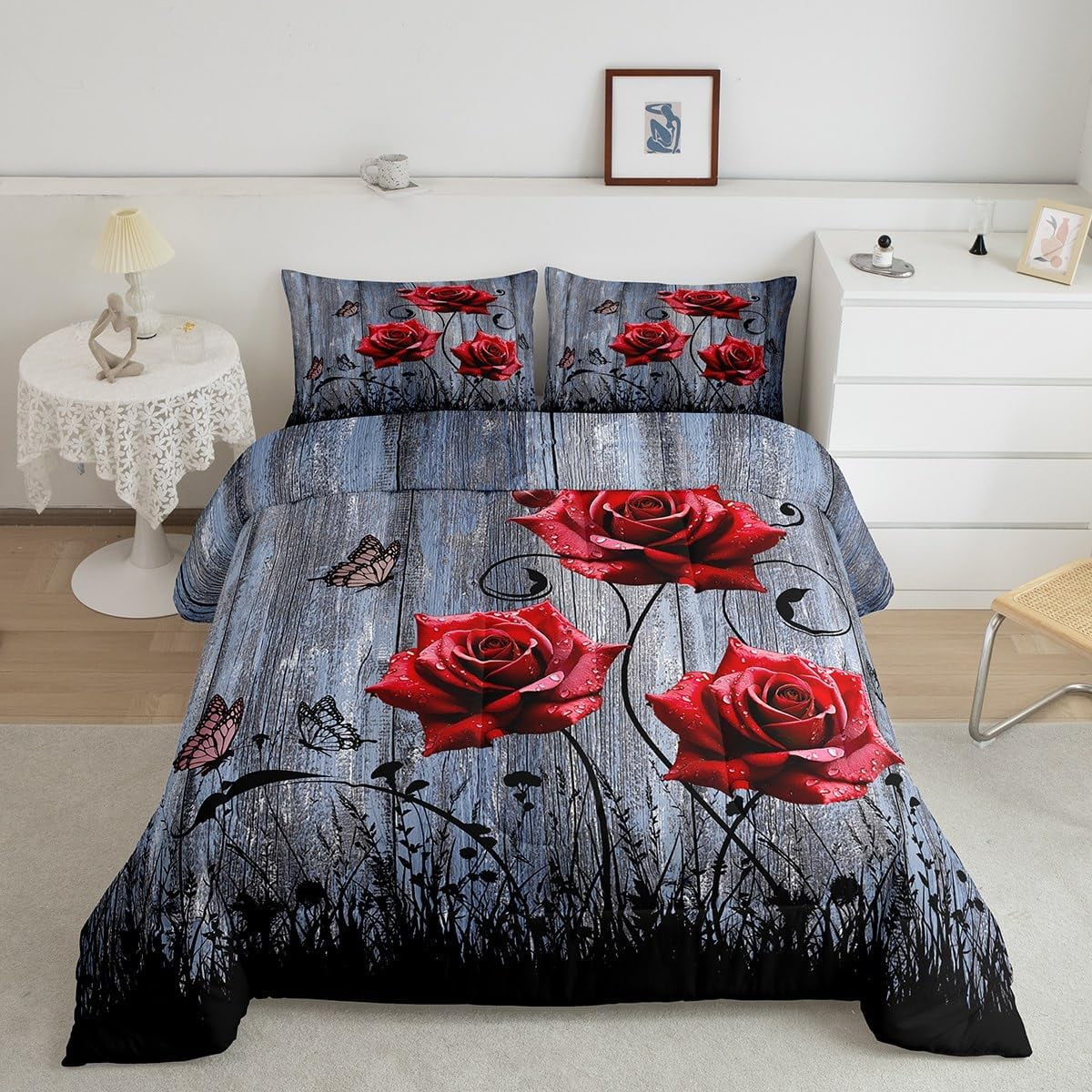 Hot Pink Rose Flowers Comforter Set Queen Retro Rustic Rose Floral ...