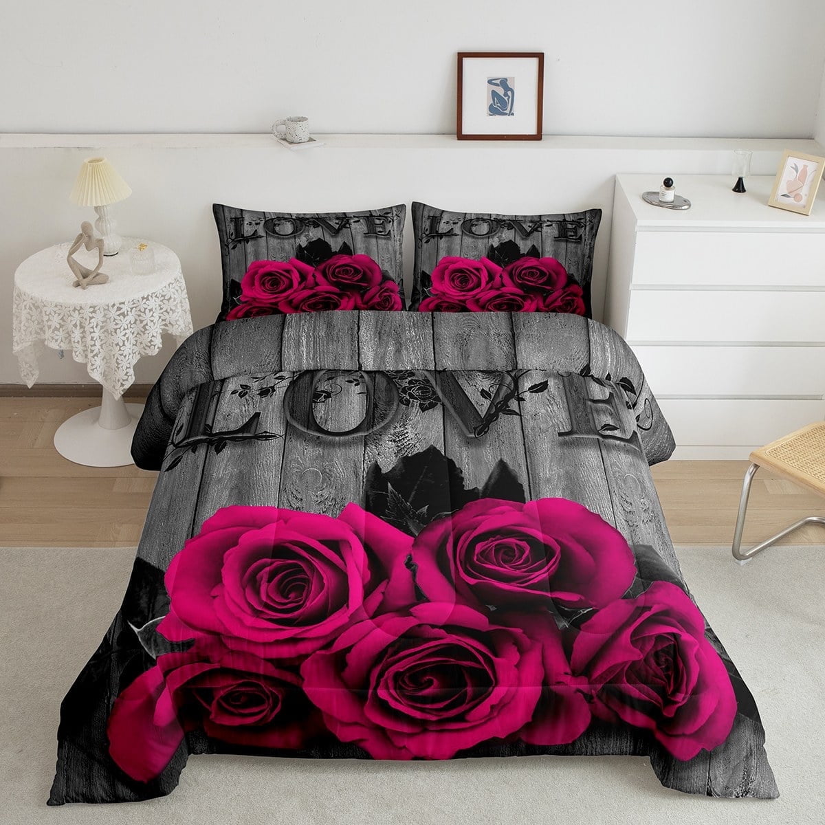 Hot Pink Rose Flowers Comforter Set Twin Retro Rustic Rose Floral ...