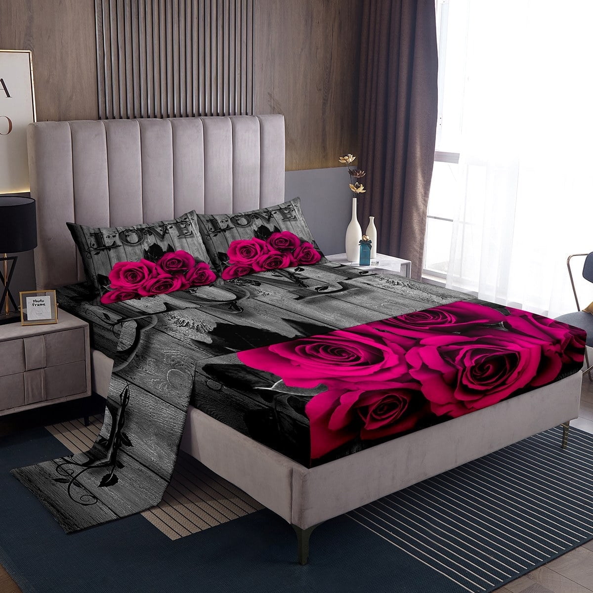 Hot Pink Rose Flowers Sheet Set Full Retro Rustic Rose Floral Bed ...