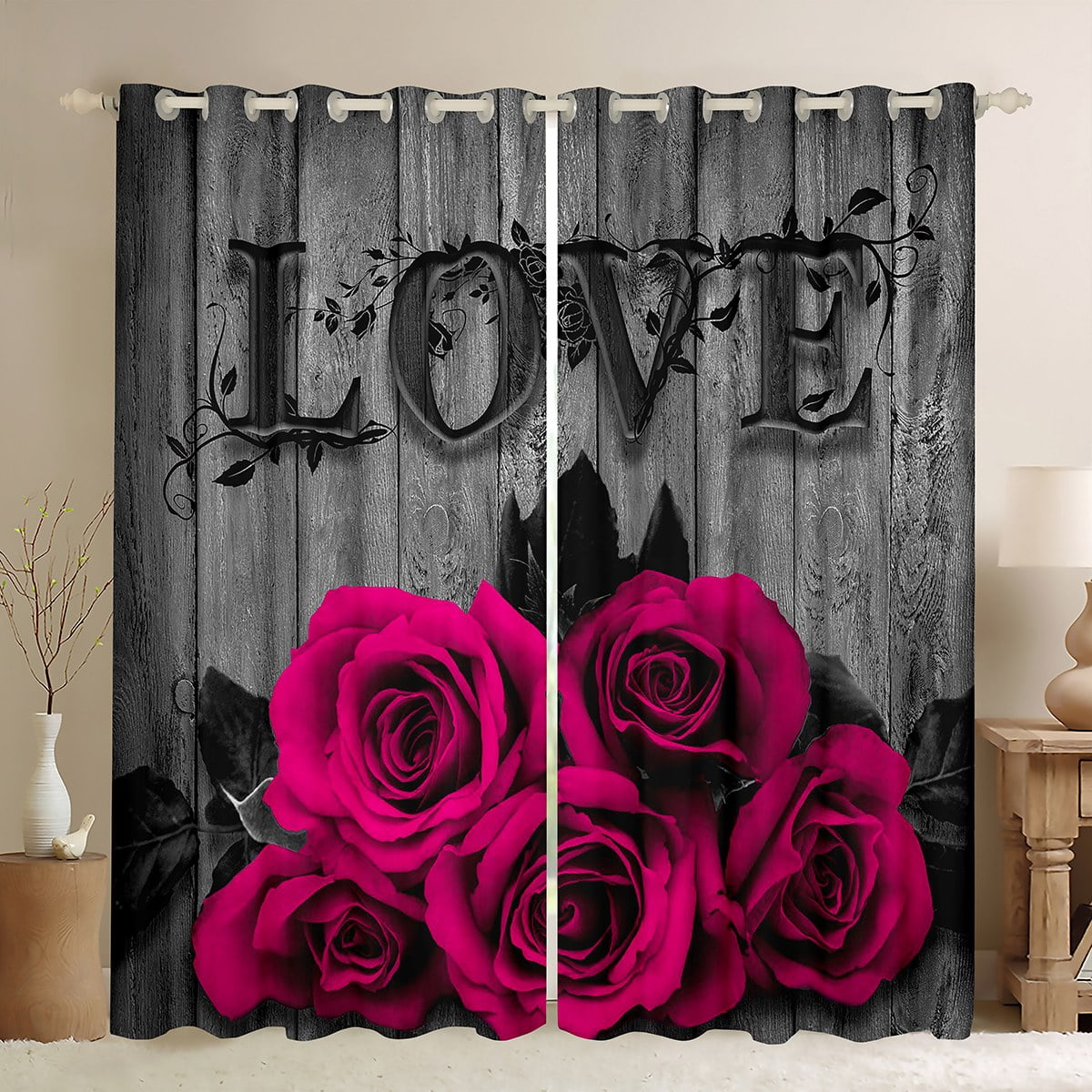 Hot Pink Rose Flowers Window Curtains 42"Wx63"L Rustic Rose Floral ...