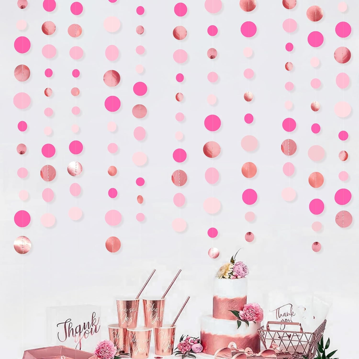 Hot Pink Rose Gold Party Decorations Circle Dots Garland Hanging Polka ...