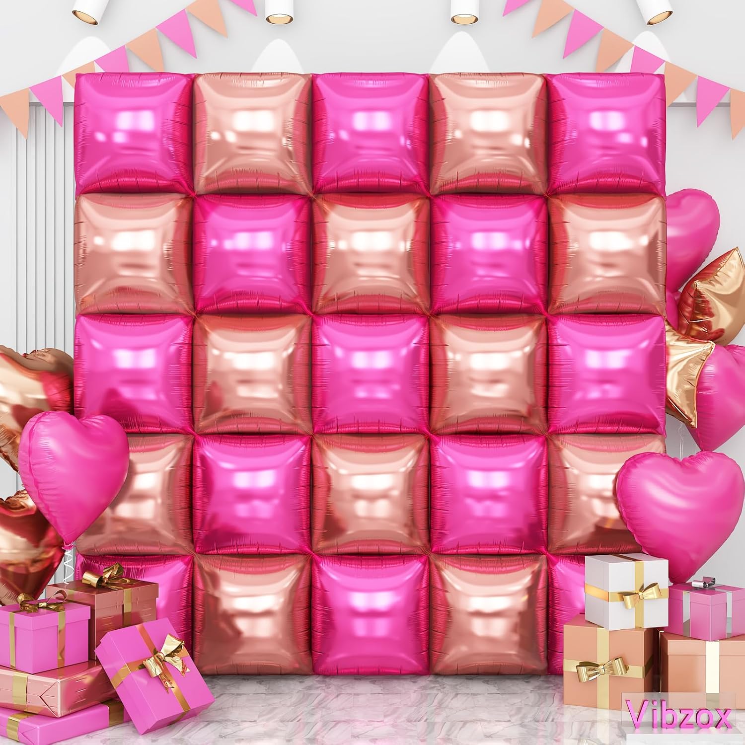 Hot Pink Rose Gold Square Foil Balloons Wall, 25PCS Double Sided Chrome ...