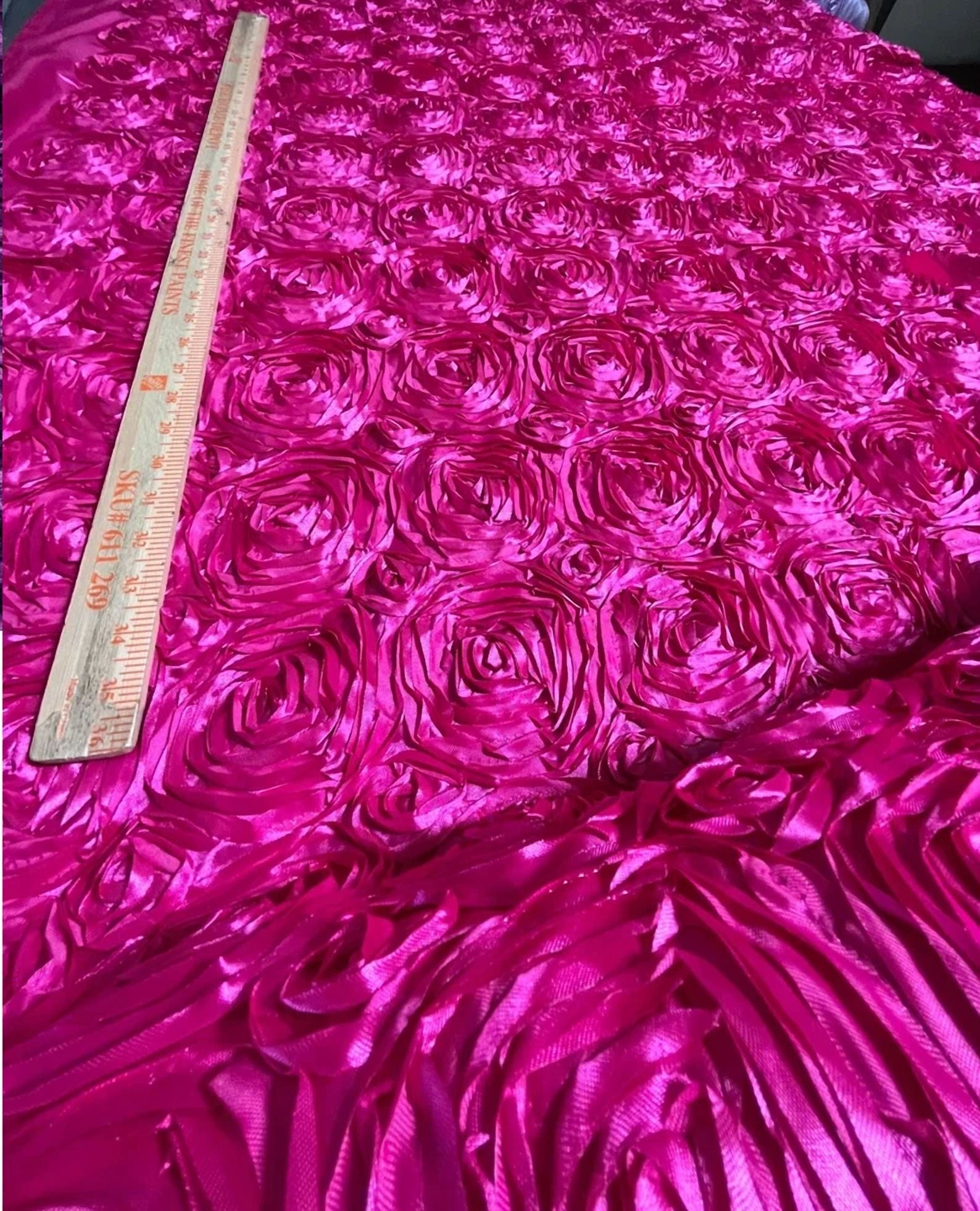 Hot Pink Satin Rosette 3D Flower Drapery Fabric By The Yard 54" Wide ...