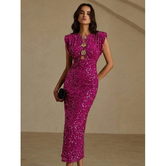 Hot Pink Sequin Sheath Dress With Exaggerated Shoulder And Gold-Tone ...