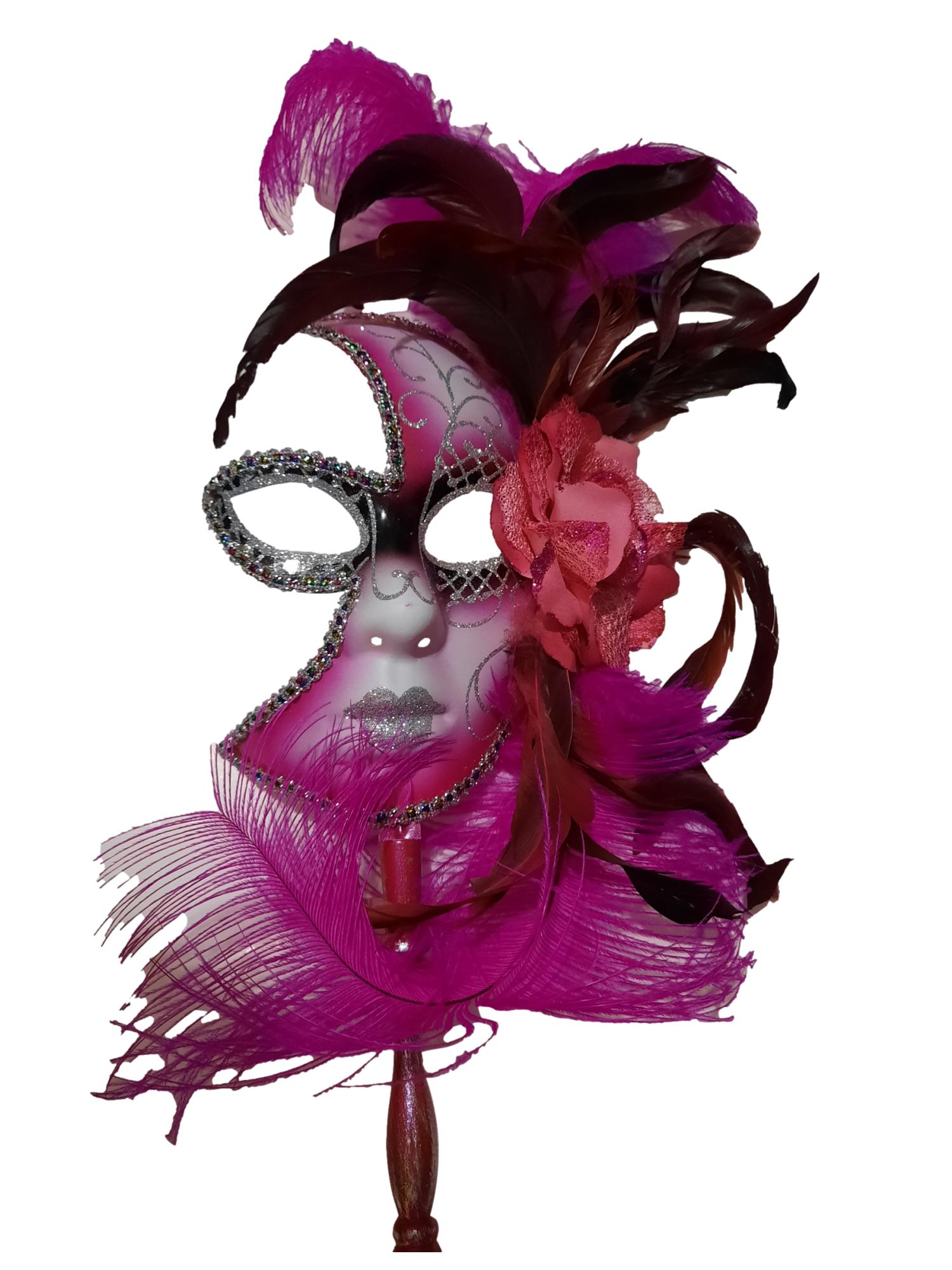 Hot Pink Silver Fancy Feather Flower Stick Masquerade Mardi Gras Mask ...